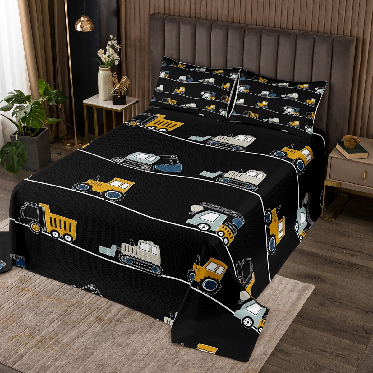 Black Construction Bedspread King ,Cartoon Truck Quilt Set Tractor Room ...