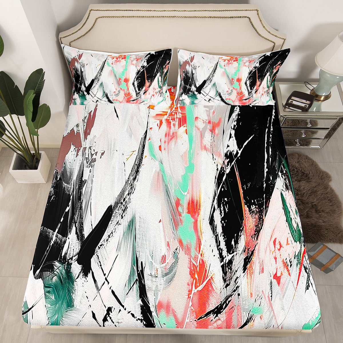 Black And Coral Bedding Set Oil Painting Artwork Fitted Sheet Twin ...