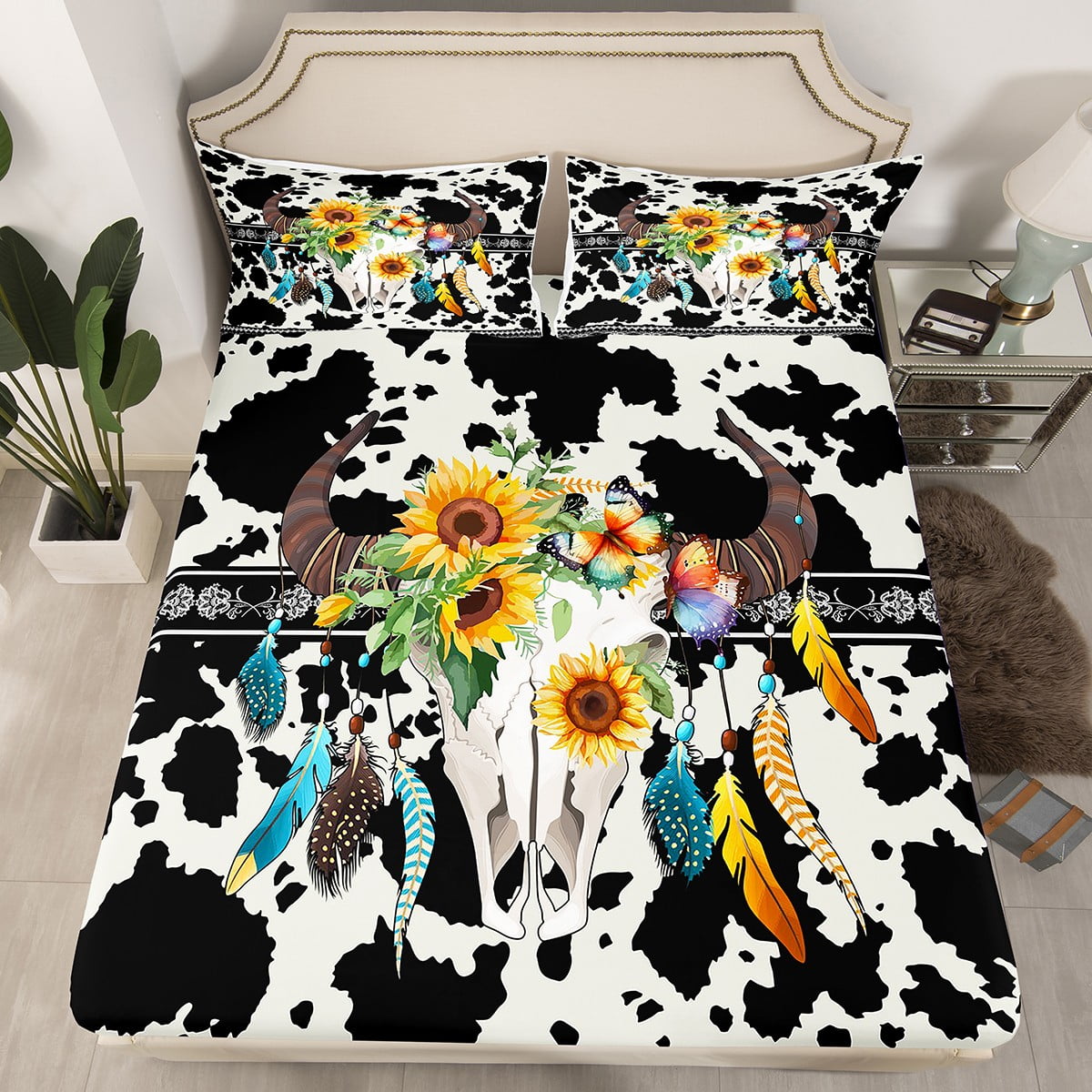 Black Cowhide Western Bed Sheets Queen,Sugar Skull Sheets Boho ...