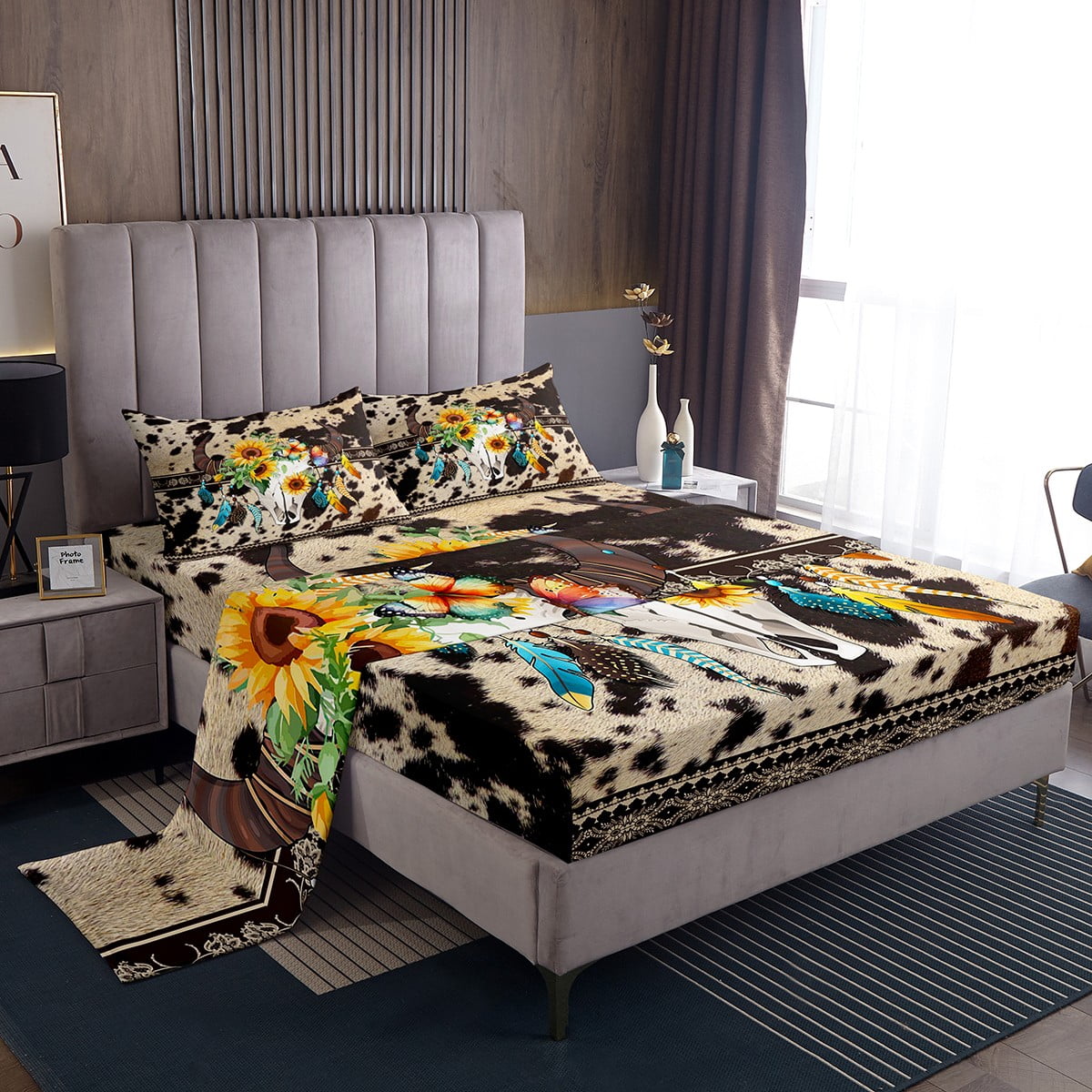 Black Cowhide Western Bed Sheets Set Queen,Bull Skull Sheets Bohemian ...