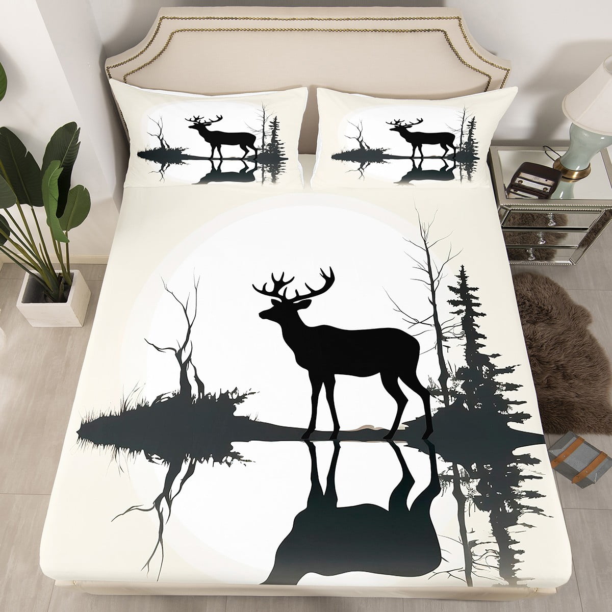 YST Black Deer Fitted Sheet Woodland Animals Elk Moose Print Sheets ...