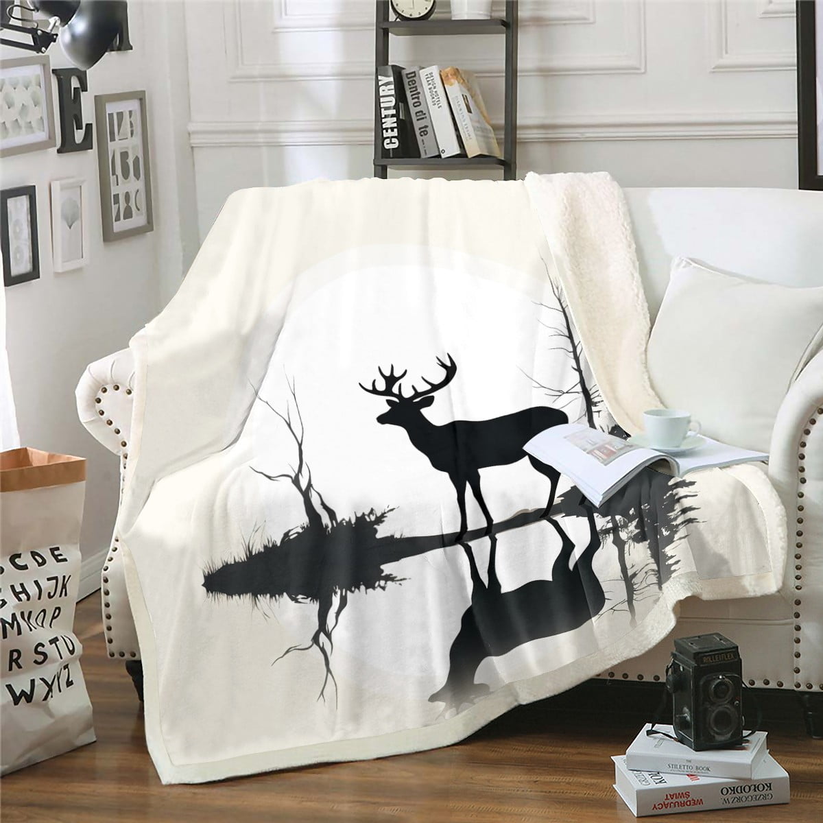Black Deer Fleece Blanket Woodland Animals Elk Moose Print Blanket ...