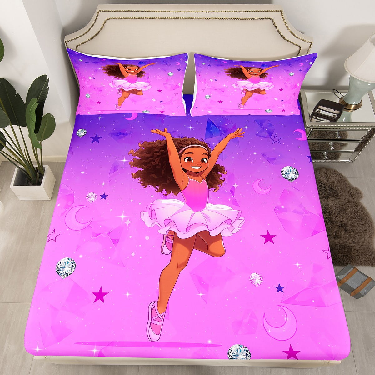 YST Black Girls Fitted Sheet Queen For Kids Women, Starry Sky Diamond ...