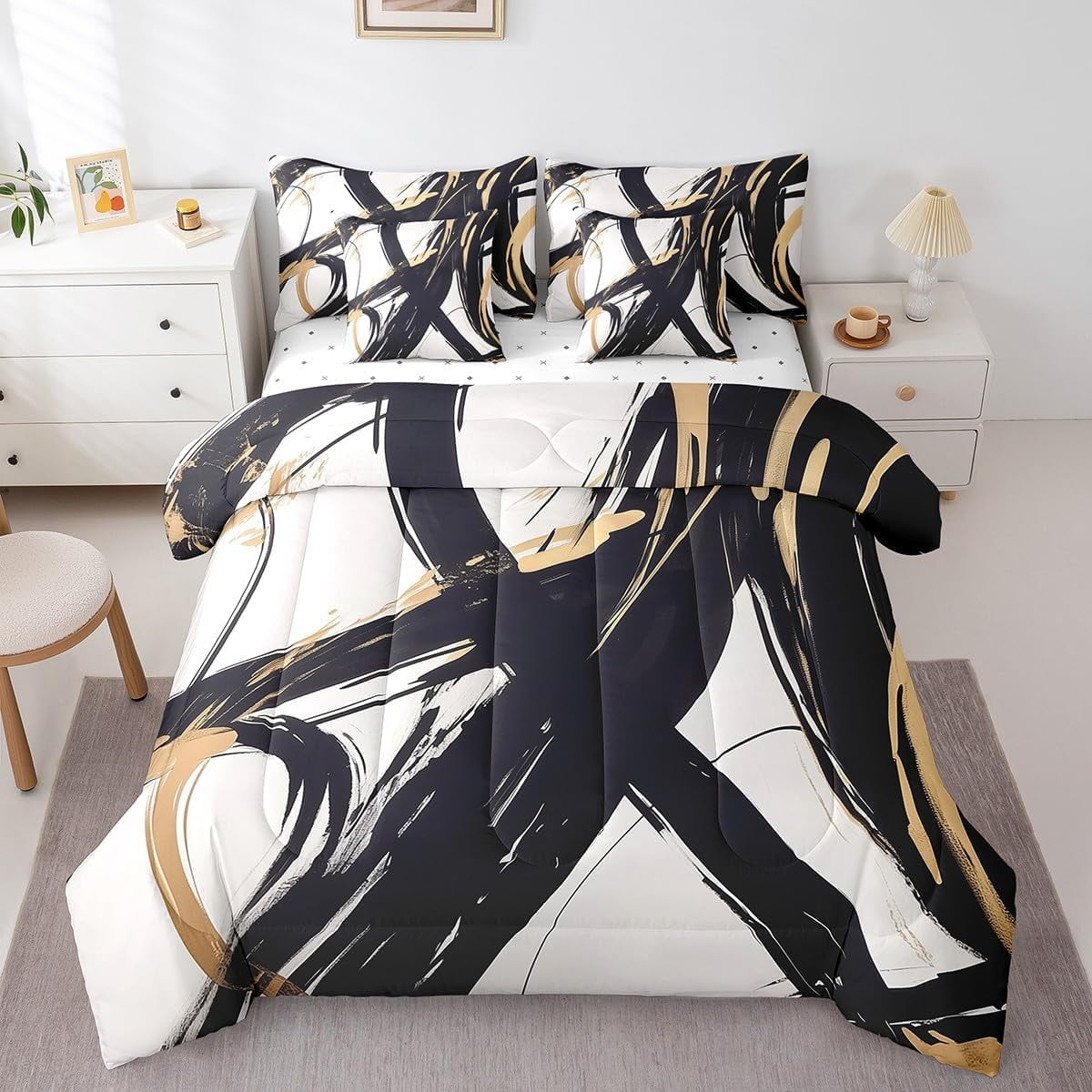 YST Black Gold Abstract Art Line 7 Piece Bedding Set Full Size Modern ...