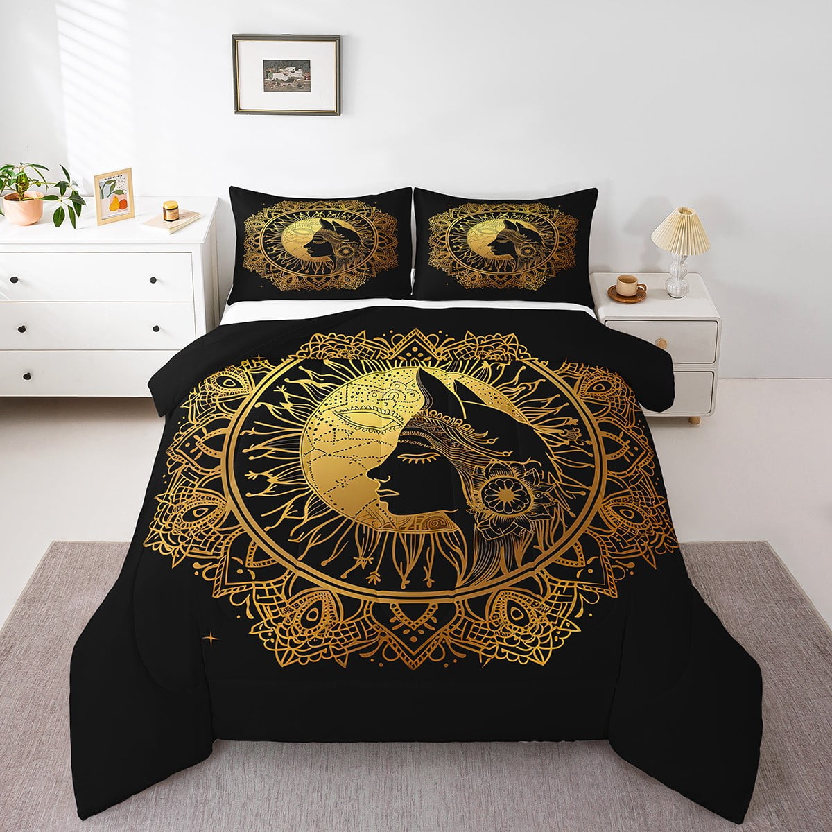 YST Black and Gold Bedding Queen Size Hippie Mandala Comforter Set ...
