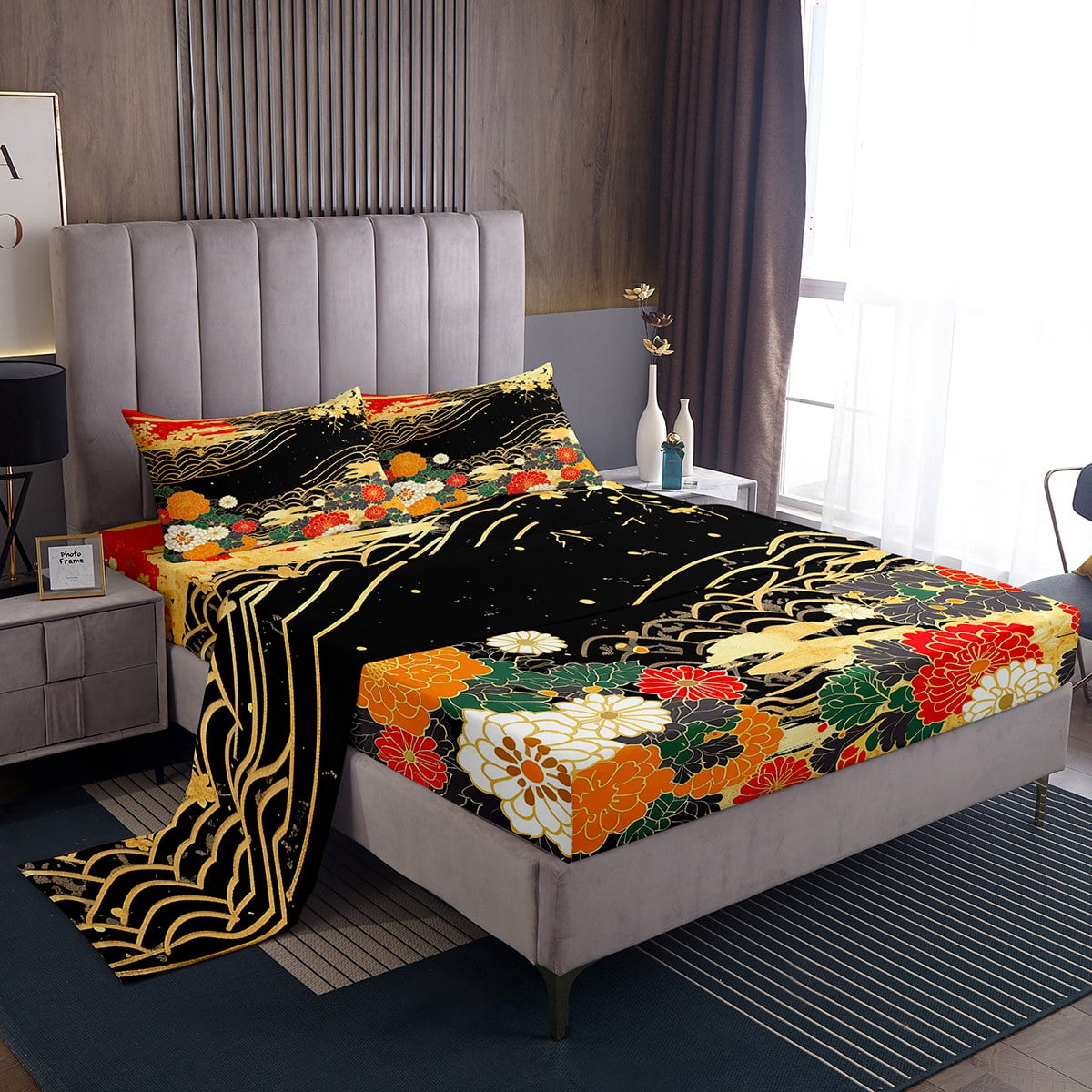 Erosebridal Black and Gold Flowers Sheet Set Full, Vintage Botanical ...