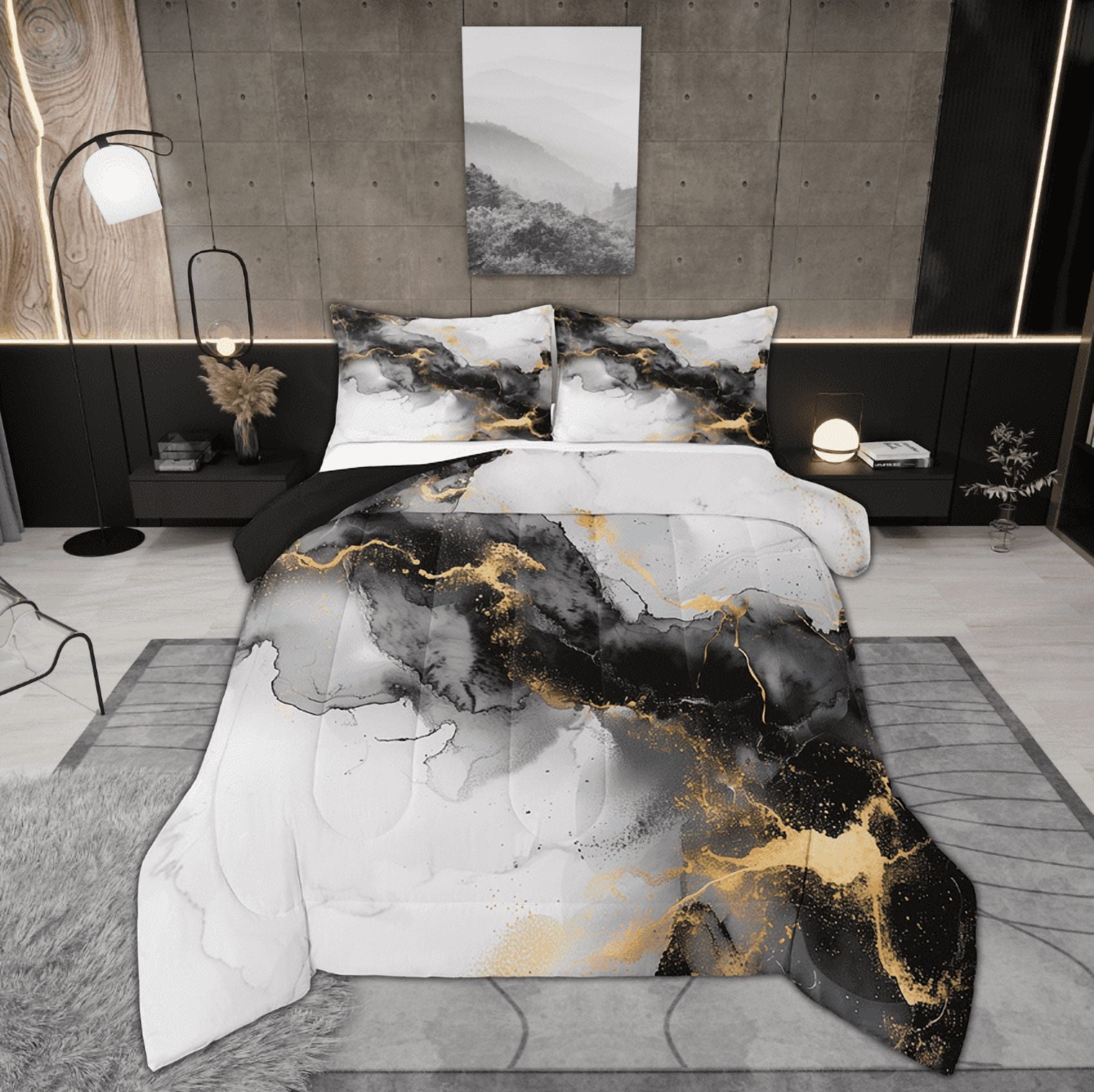 Black and Gold Full Comforter Set Watercolor Marble Bedding Set Full ...