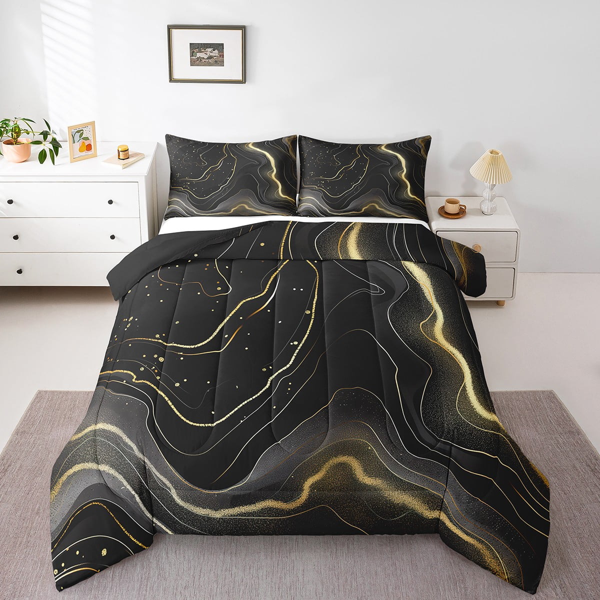 YST Black and Gold Marble Comforter Set King Contemporary Watercolor ...