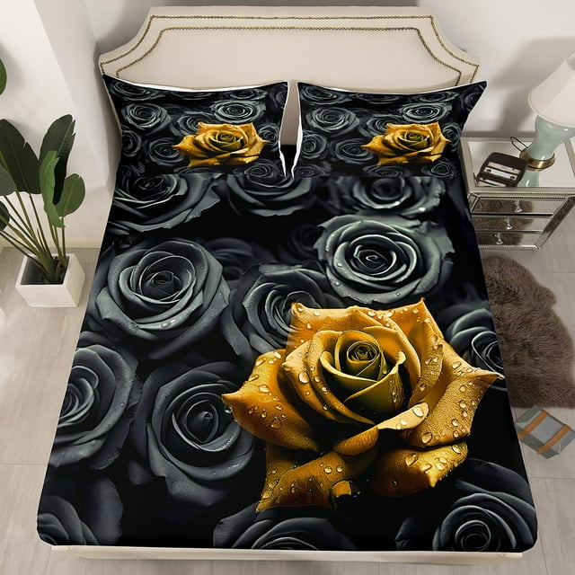 Erosebridal Black and Gold Rose Twin Fitted Sheet Romantic Floral ...