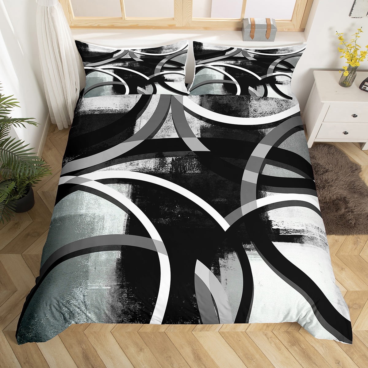 YST Black Gray Geometry Comforter Cover Watercolor Oil Painting Bed Set ...