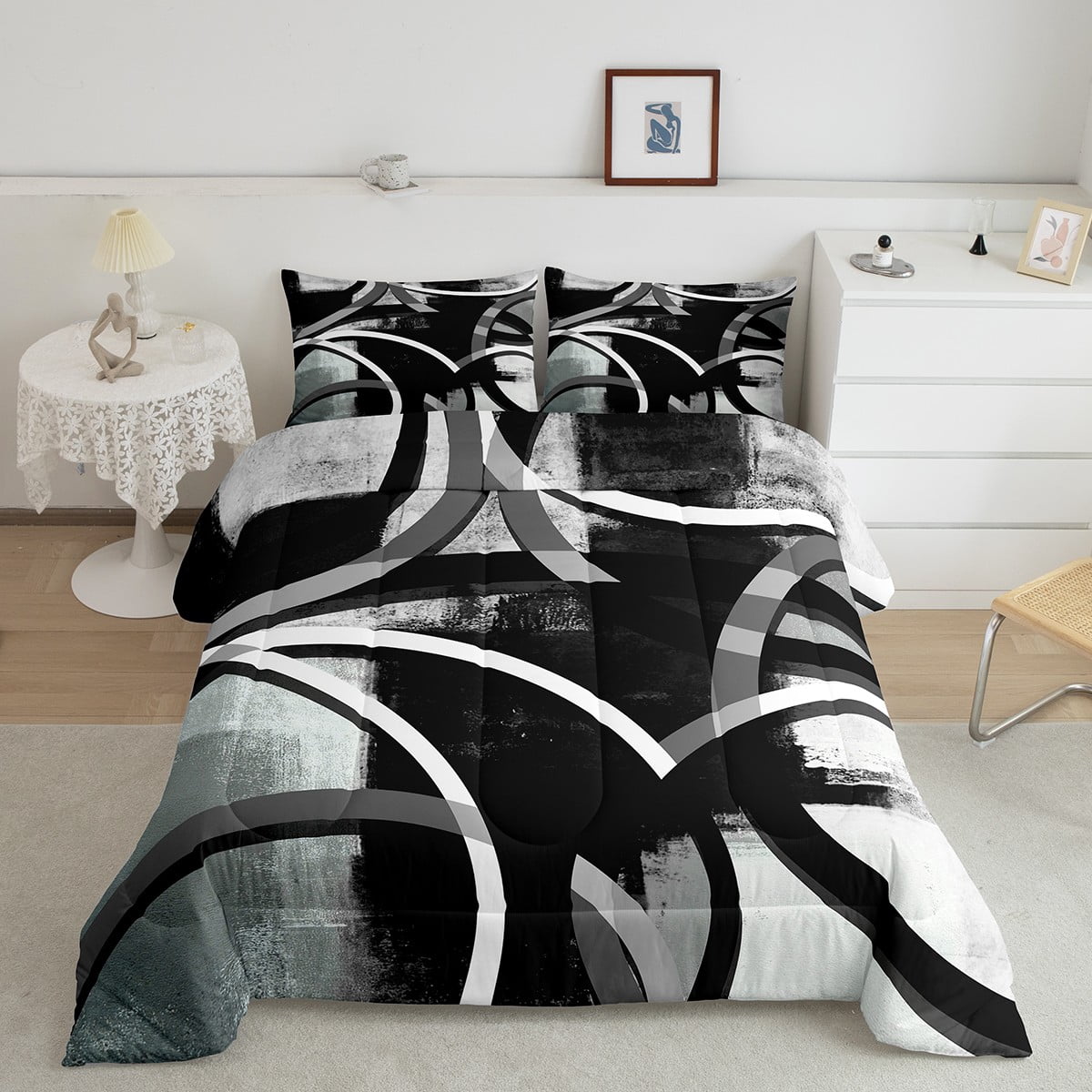 YST Black Gray Geometry Comforter Set King Watercolor Oil Painting ...