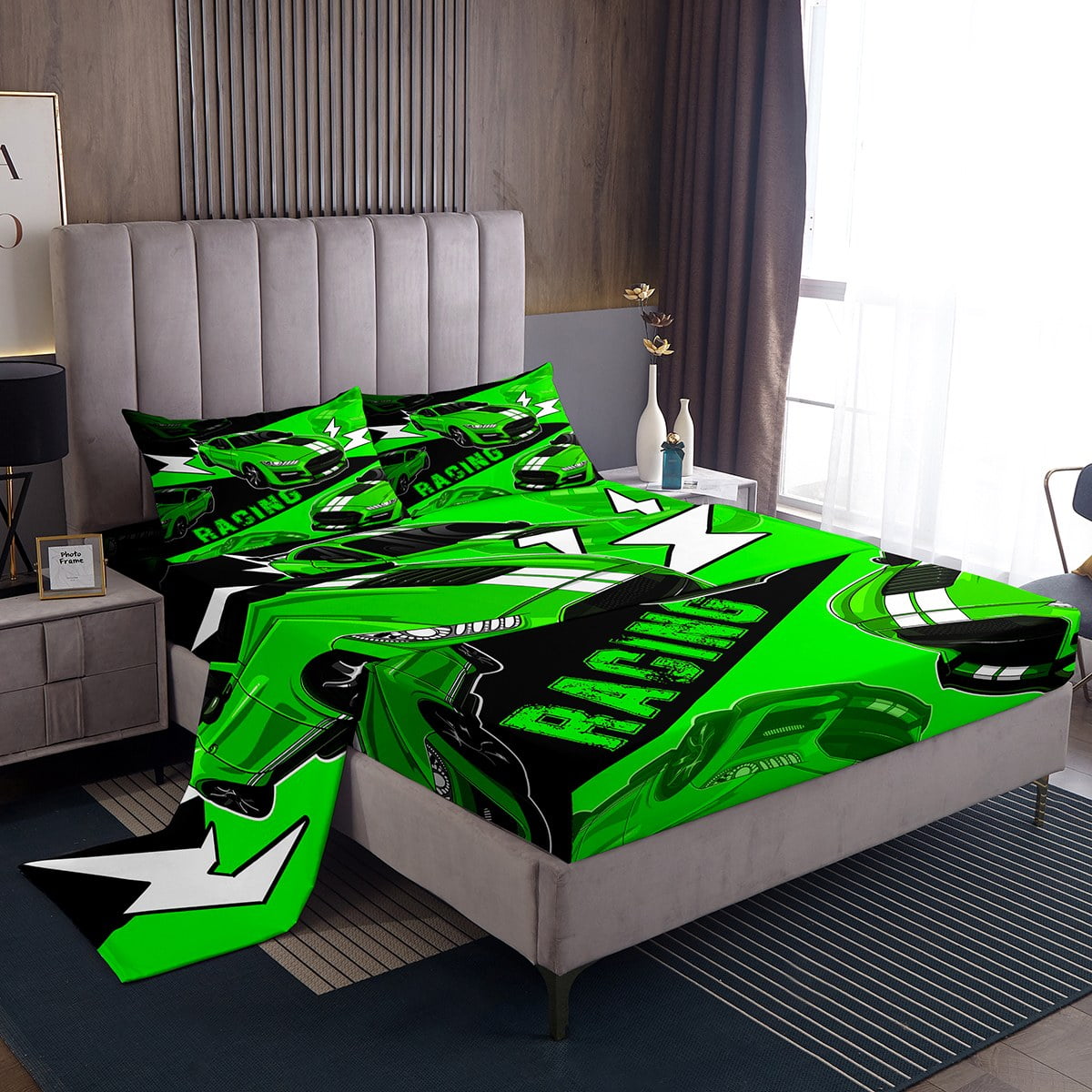 Erosebridal Black Green Race Car Bed Sheets Sports Car Sheet Set Queen ...