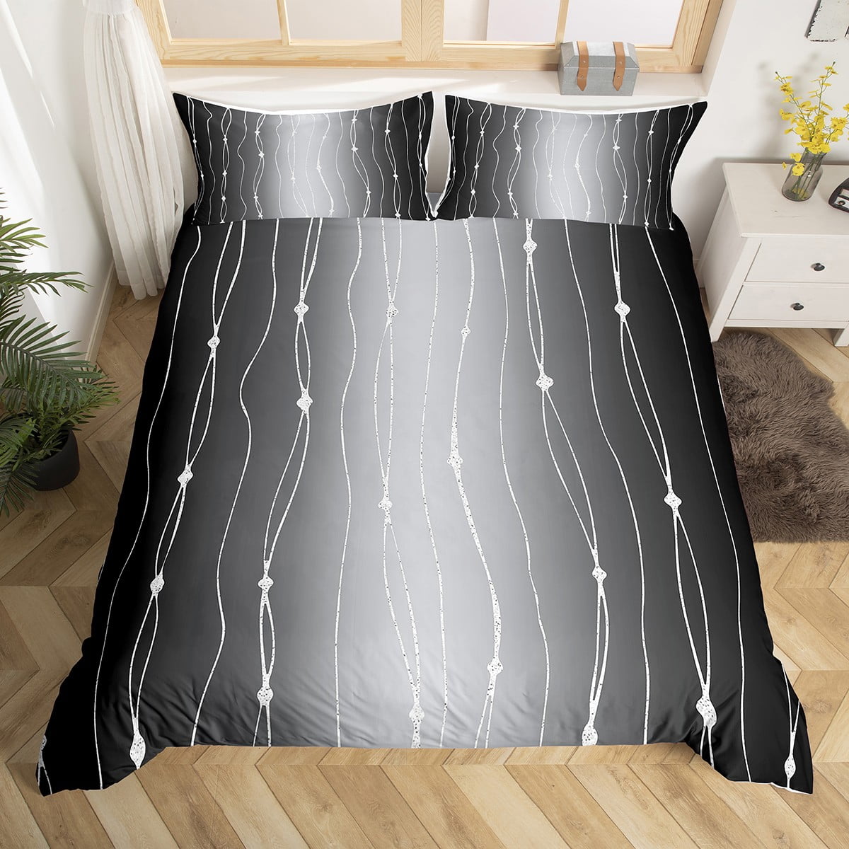 YST Black and Grey Bedding Sets King Gradient Ombre Comforter Cover, Wave Lines Dots Bed Set ...
