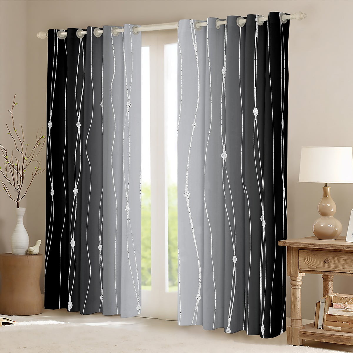 Black and Grey 30%-50% Blackout Curtains Gradient Ombre Curtains, Wave ...