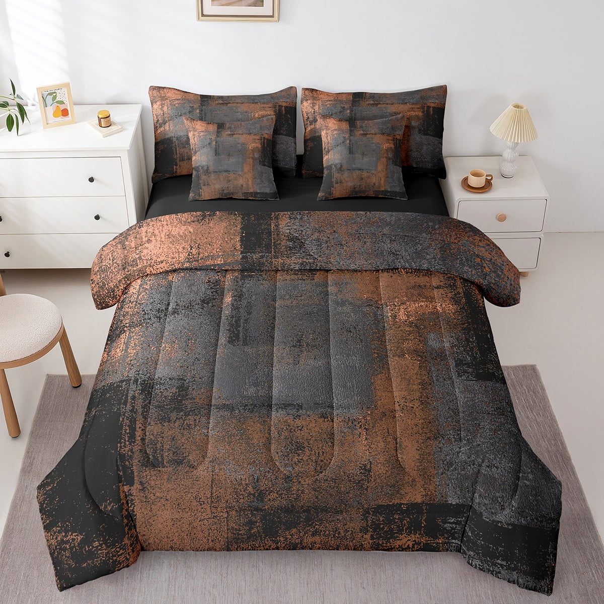 YST Black Grey Brown Full Comforter Set For Boys Men 7 Piece Grunge ...