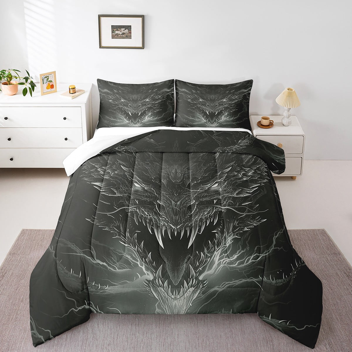YST Black Grey Dragon Twin Comforter Set,Western Fantasy Dragon Bedding ...