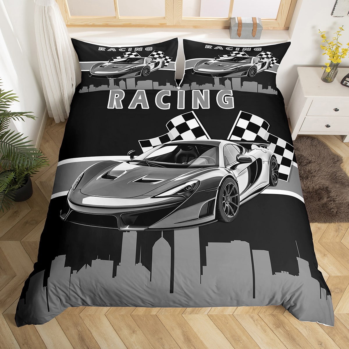 Black Grey Duvet Cover Queen Racing Car Bedding Sets Teens Adults ...