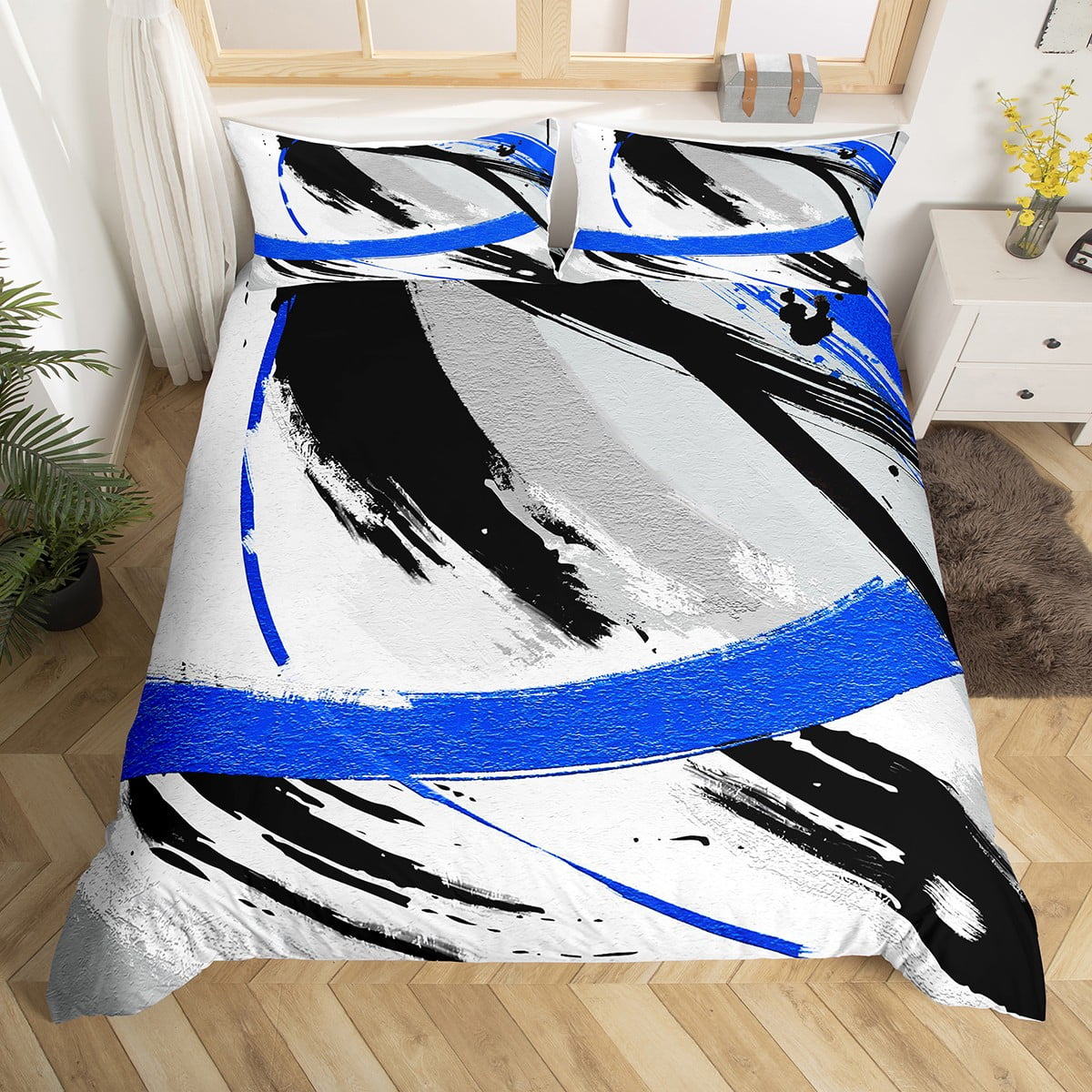 YST Black Grey Navy Blue Comforter Cover Brush Strokes Oil Painting Bed Set, Gradient Abstract ...