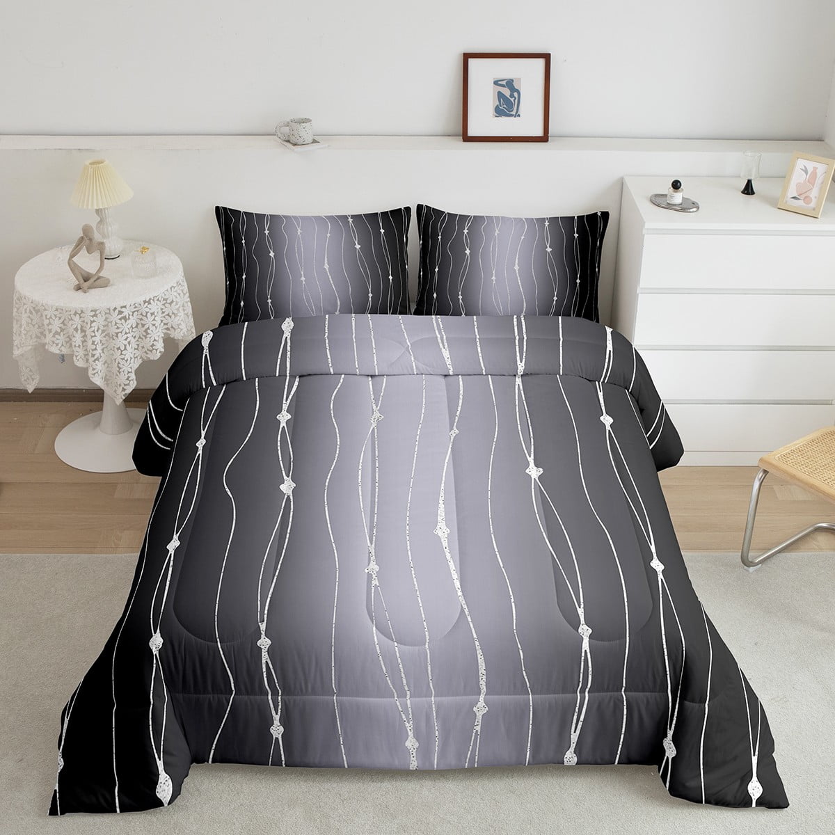 YST Black and Grey Ombre Comforter Set Queen Aesthetic Gradient Bedding Set Abstract Geometric Stripes Down Comforter Colorful Watercolor Bed Set Wave Lines and Dots Quilted Duvet Microfiber Walmart.c...