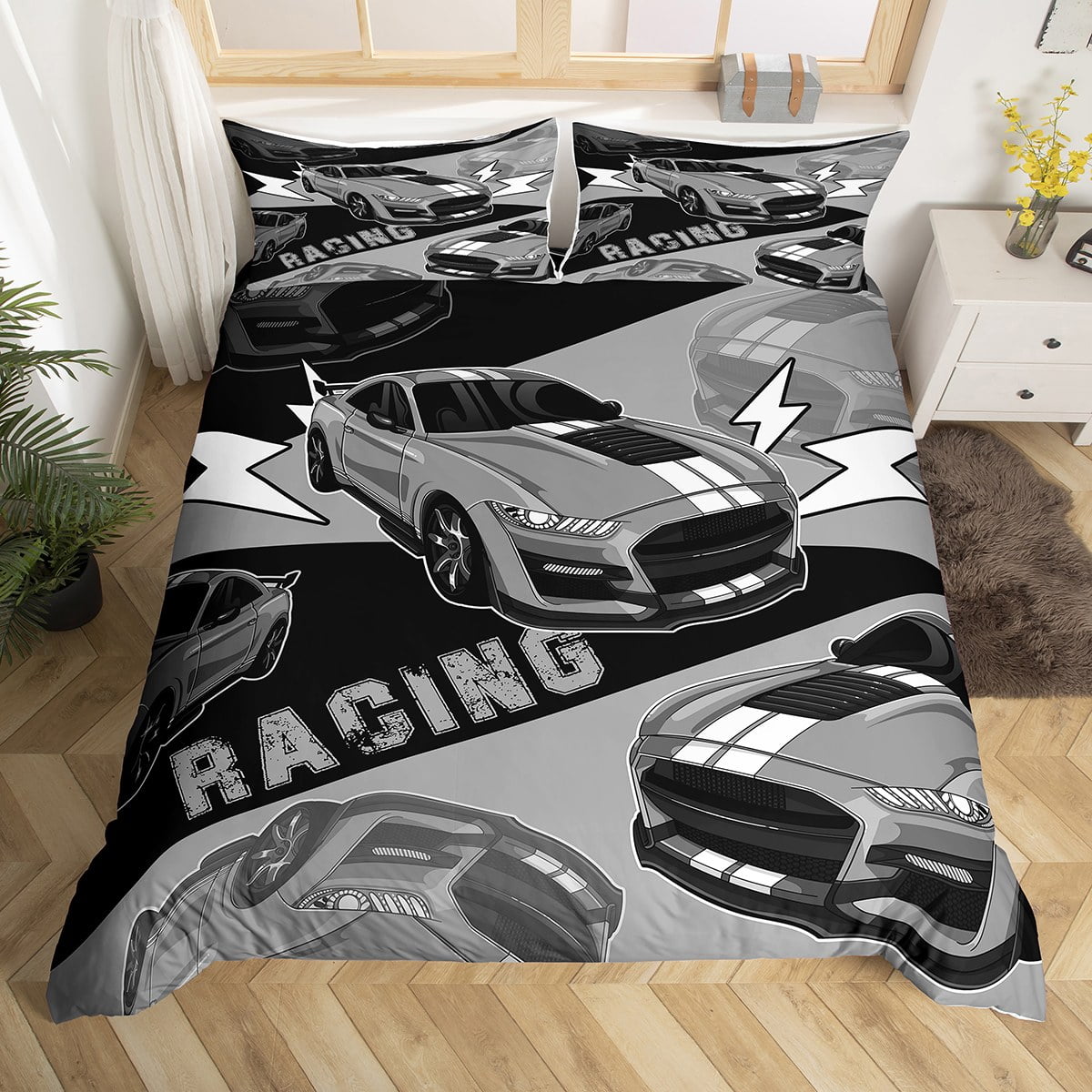 Black Grey Race Car Bedding Twin Bed Set Sports Car Duvet Cover Bedroom ...