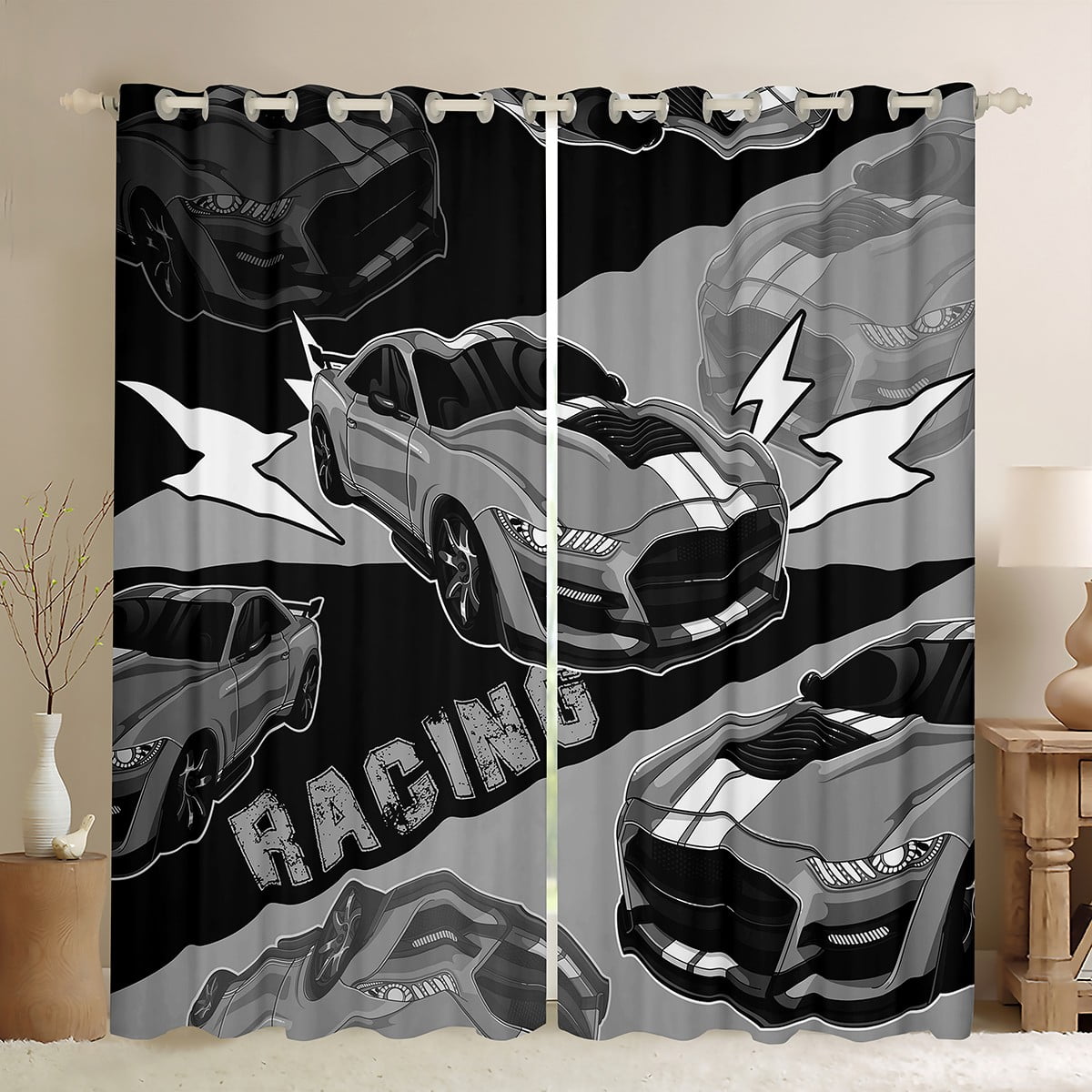 YST Black Grey Race Car Blackout Curtains for Kids Boys Sports Car ...