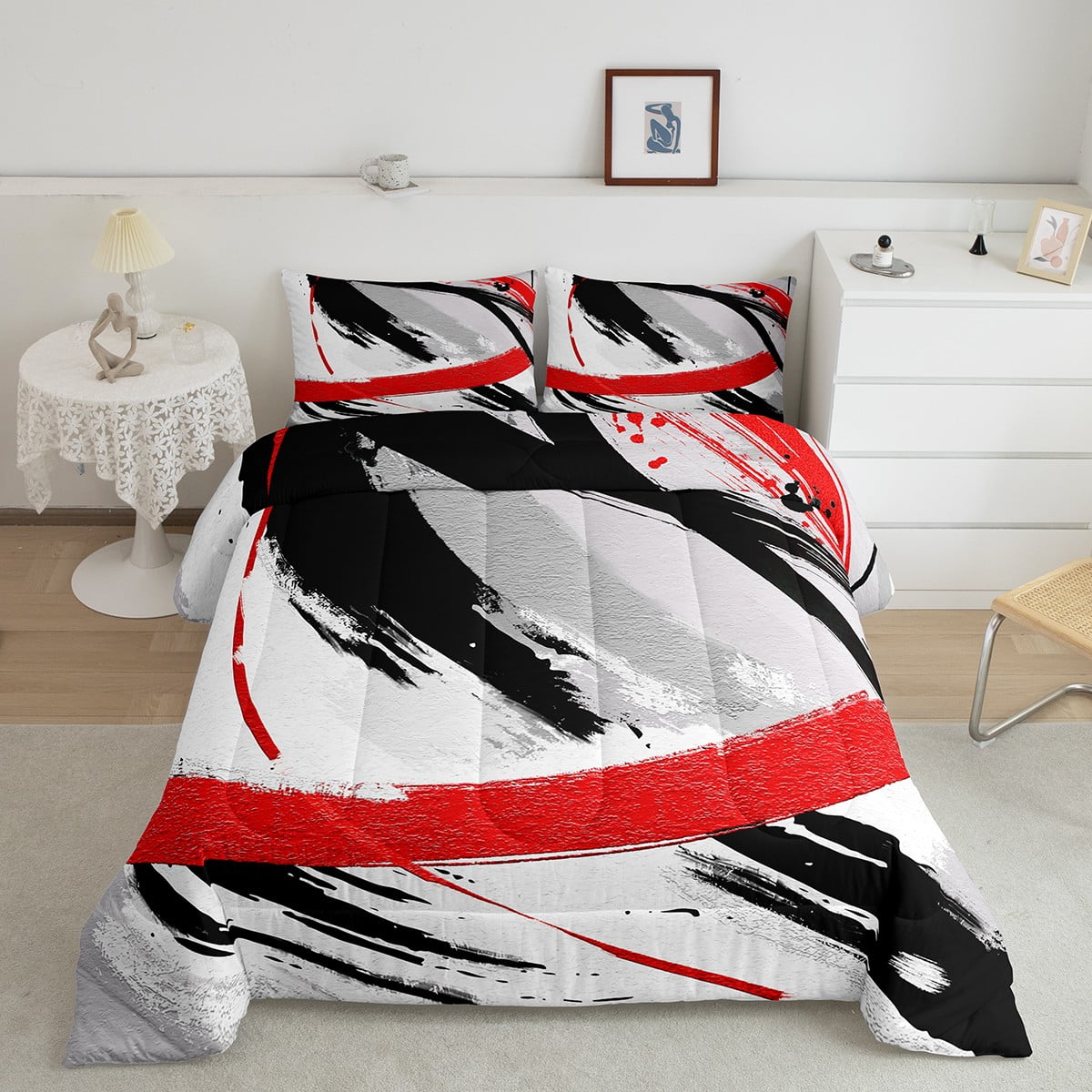 Erosebridal Black Grey Red Bedding Full Size Brush Strokes Oil Painting ...