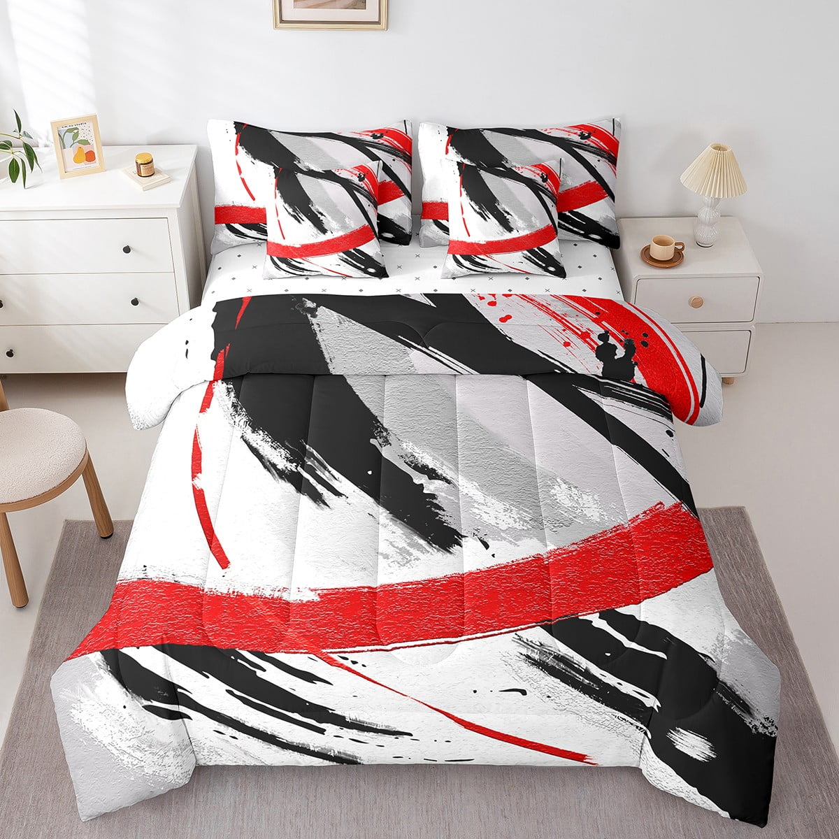Black Grey Red Bedding Twin Size 7pcs Brush Strokes Oil Painting ...