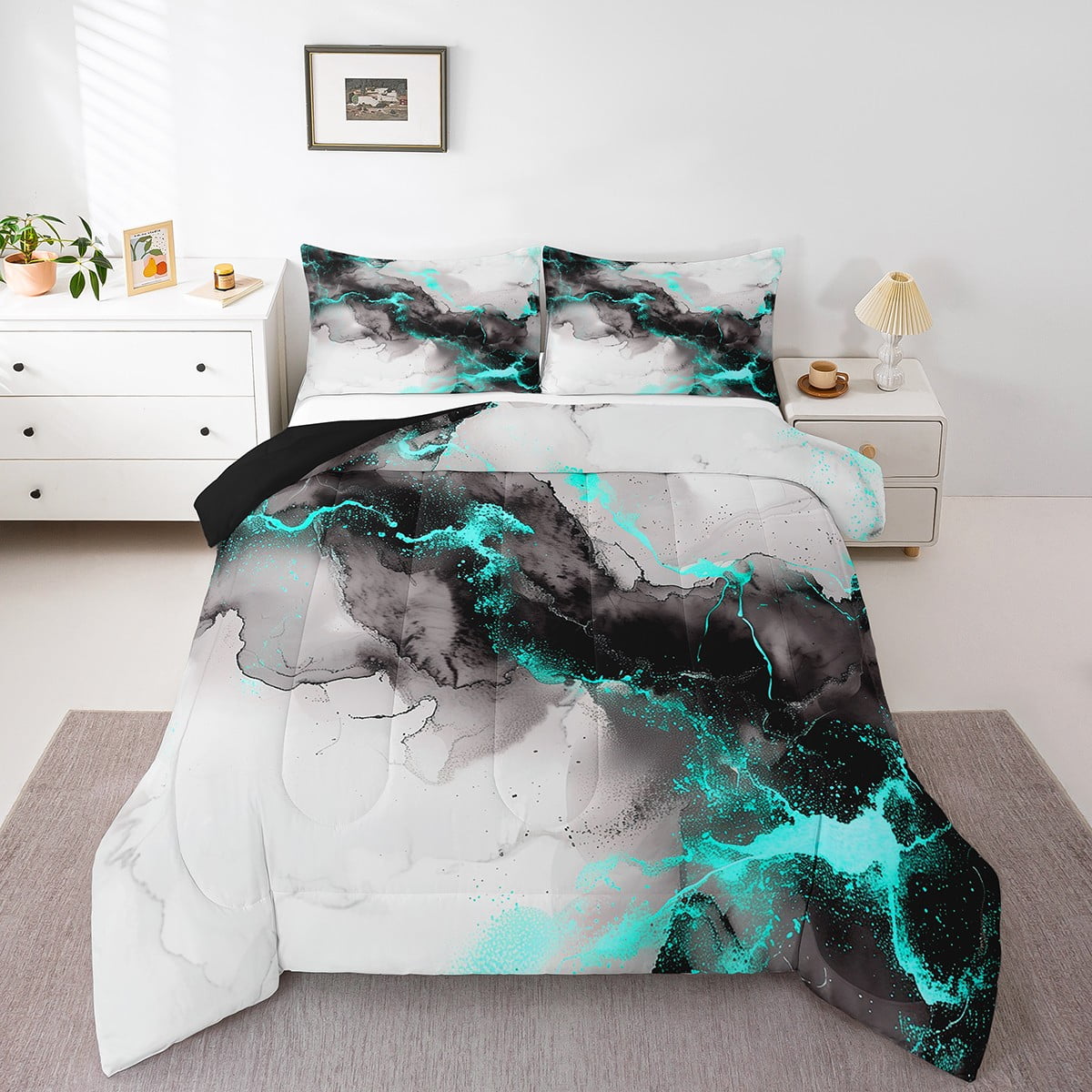 Black and Grey Teal Bedding Full Size Marble Aesthetic Comforter Set ...