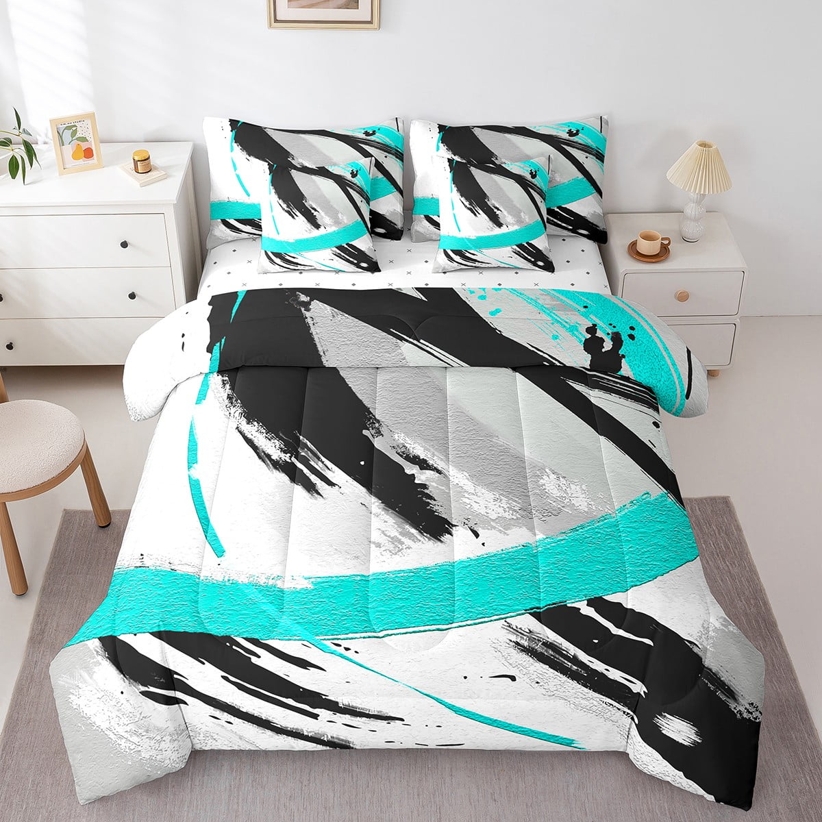 Black Grey Teal Bedding Queen Size 7pcs Brush Strokes Oil Painting ...