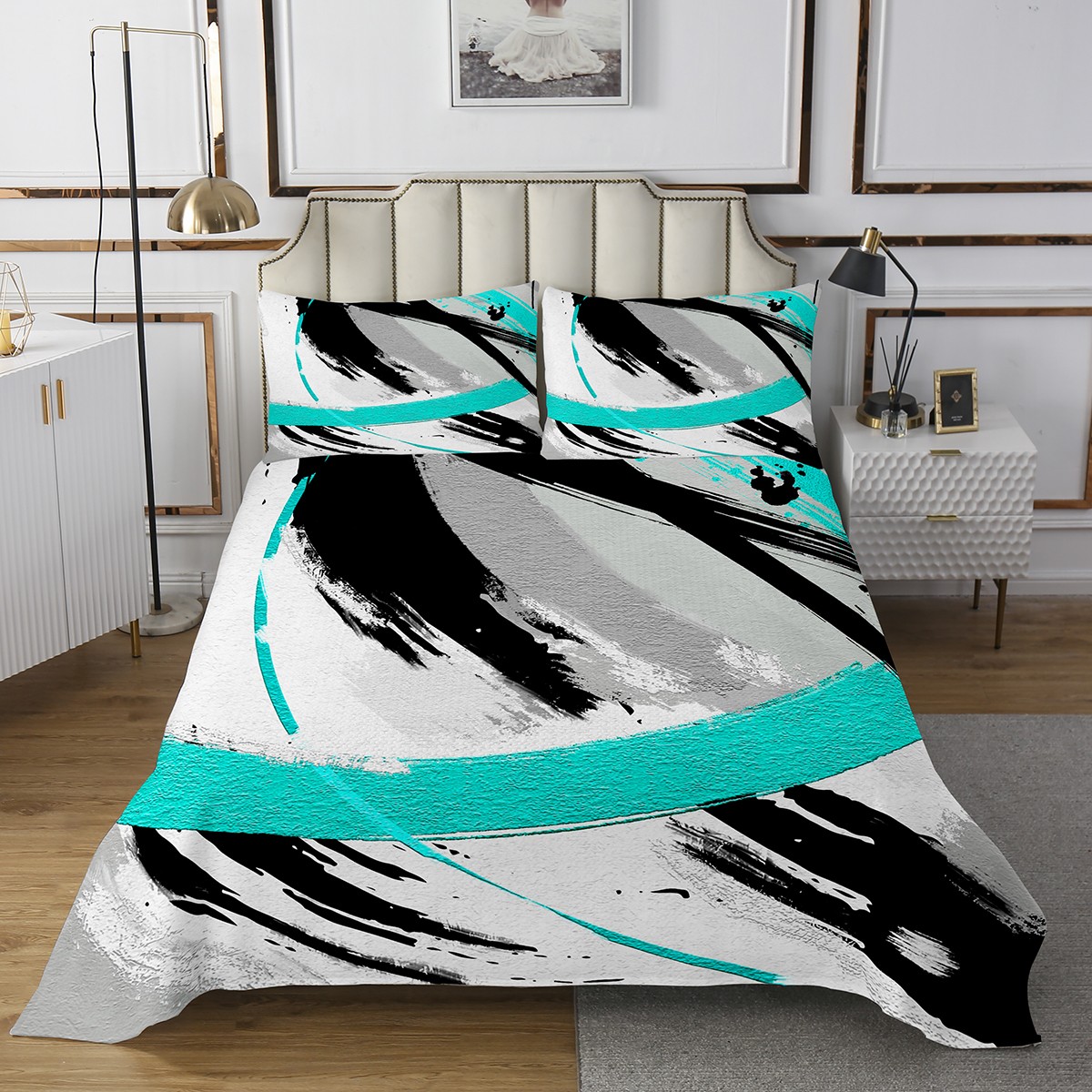 YST Black Grey Teal Coverlet Set Brush Strokes Oil Painting Bedding ...