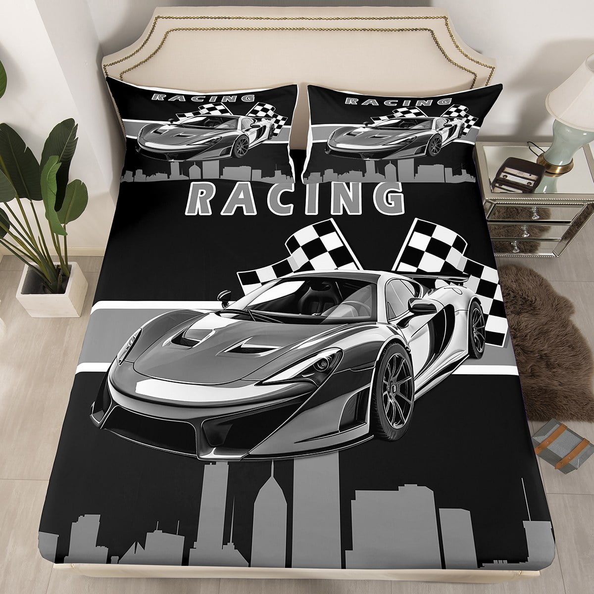 Black Grey Twin Fitted Sheet Racing Car Sheets Teens Adults, Extreme ...