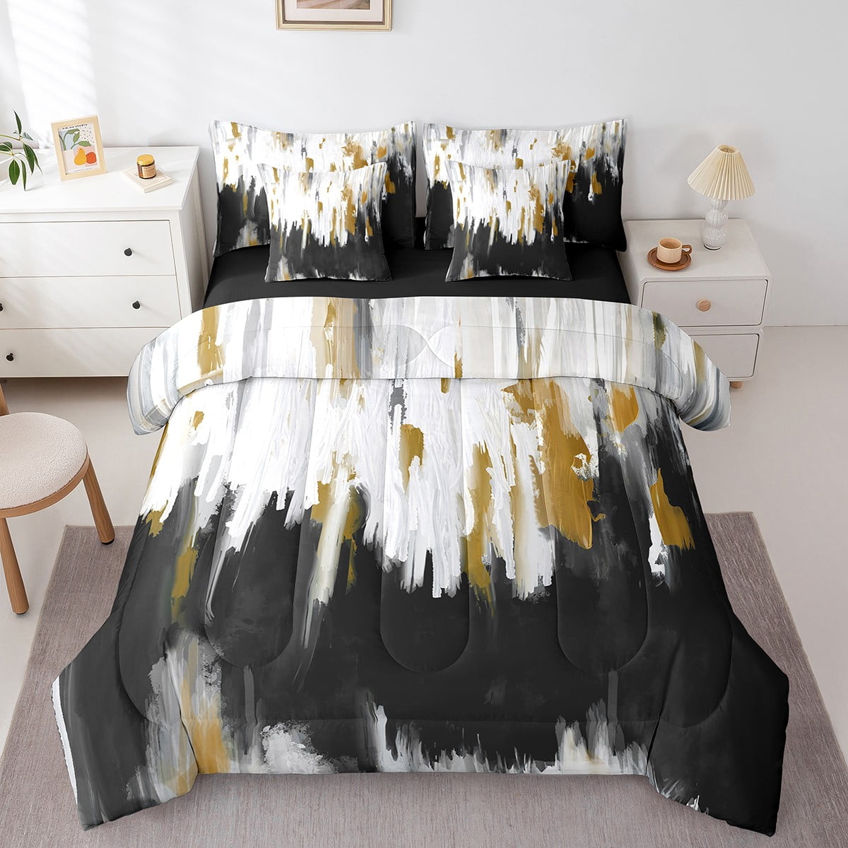 Black Grey Watercolor Comforter Set Queen 7 Pieces Grunge Aesthetic Bed ...