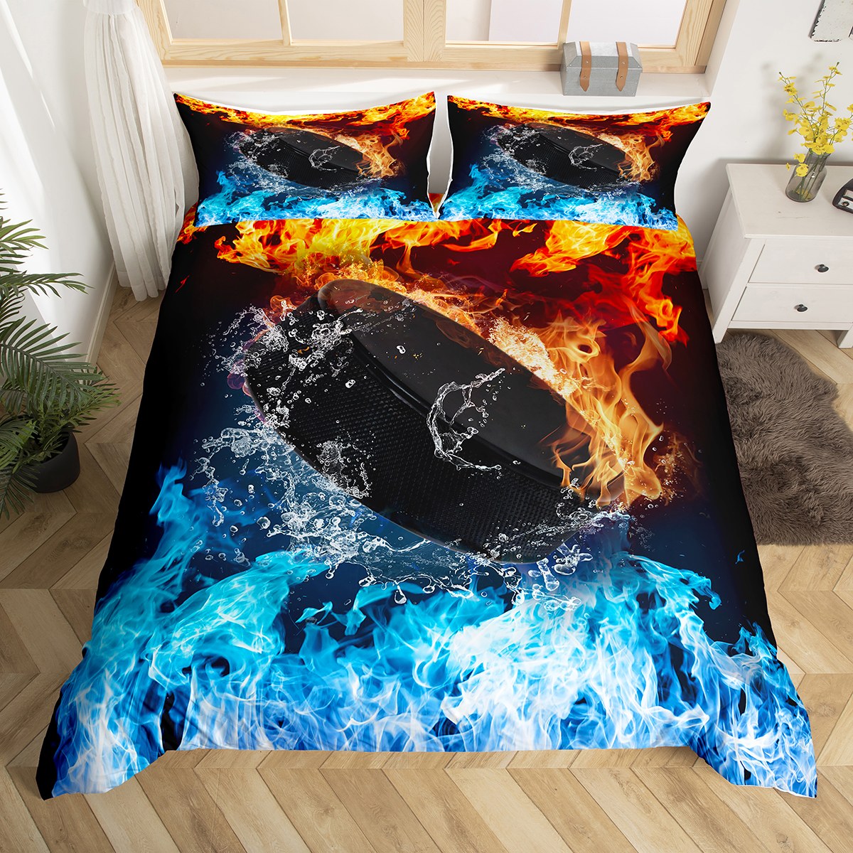 Erosebridal Black Ice Hockey Bedding Sets Queen Fire and Ice Comforter ...