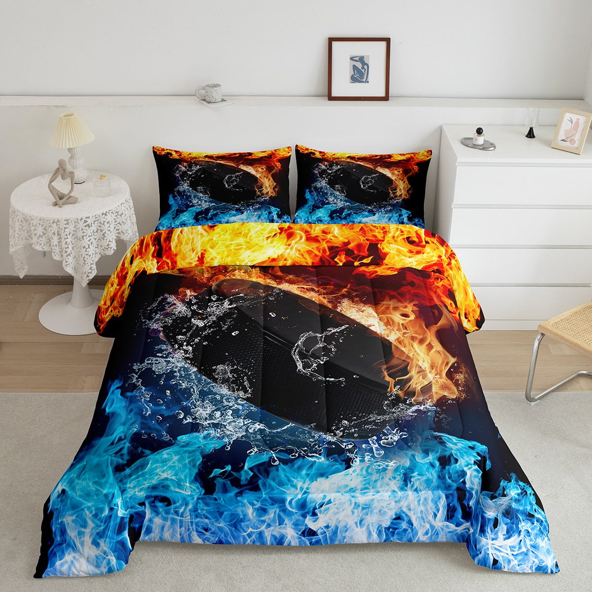 Black Ice Hockey Comforter Set King Fire and Ice Bedding Set, Ball ...