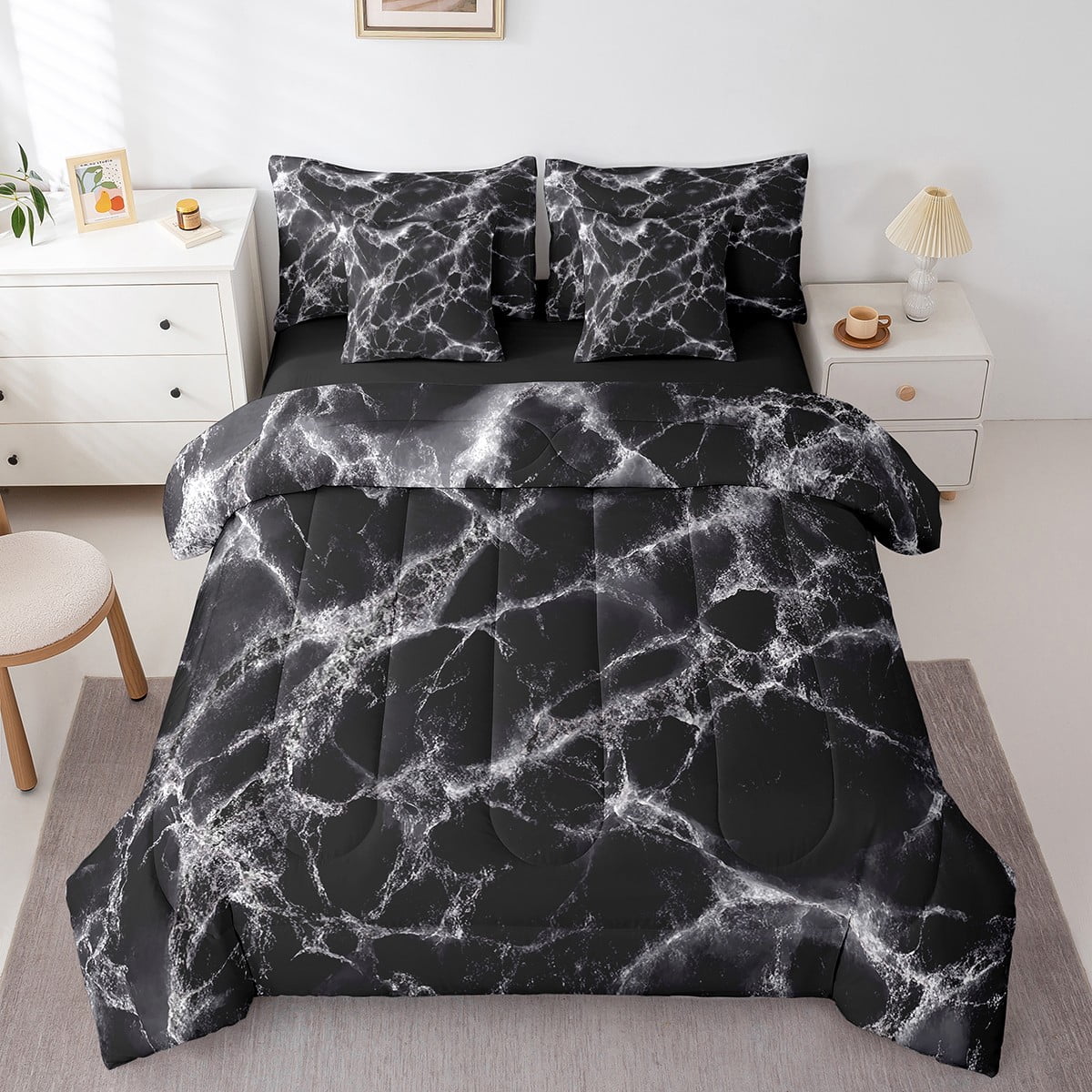 YST Black Marble 7 Piece Comforter Set Full Size, Stone Pattern Bedding ...