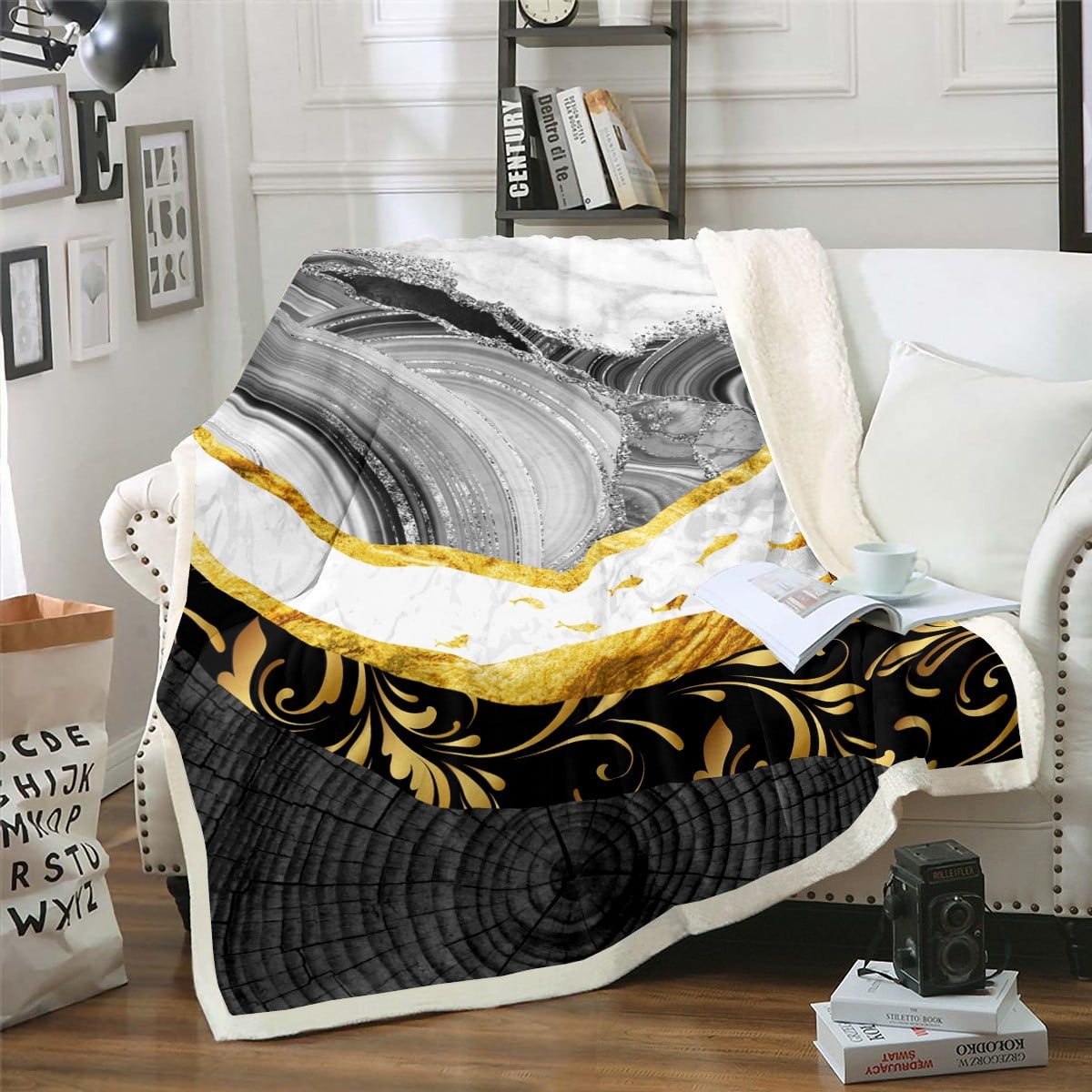 Black Marble Throw Blanket Gold Metallic Marble Fuzzy Blanket Artwork ...