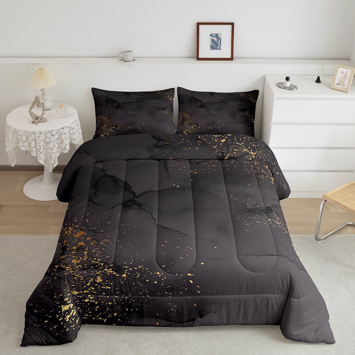 YST Black Marbling Comforter Set Queen Gold Metallic Sequin Bedding Set ...
