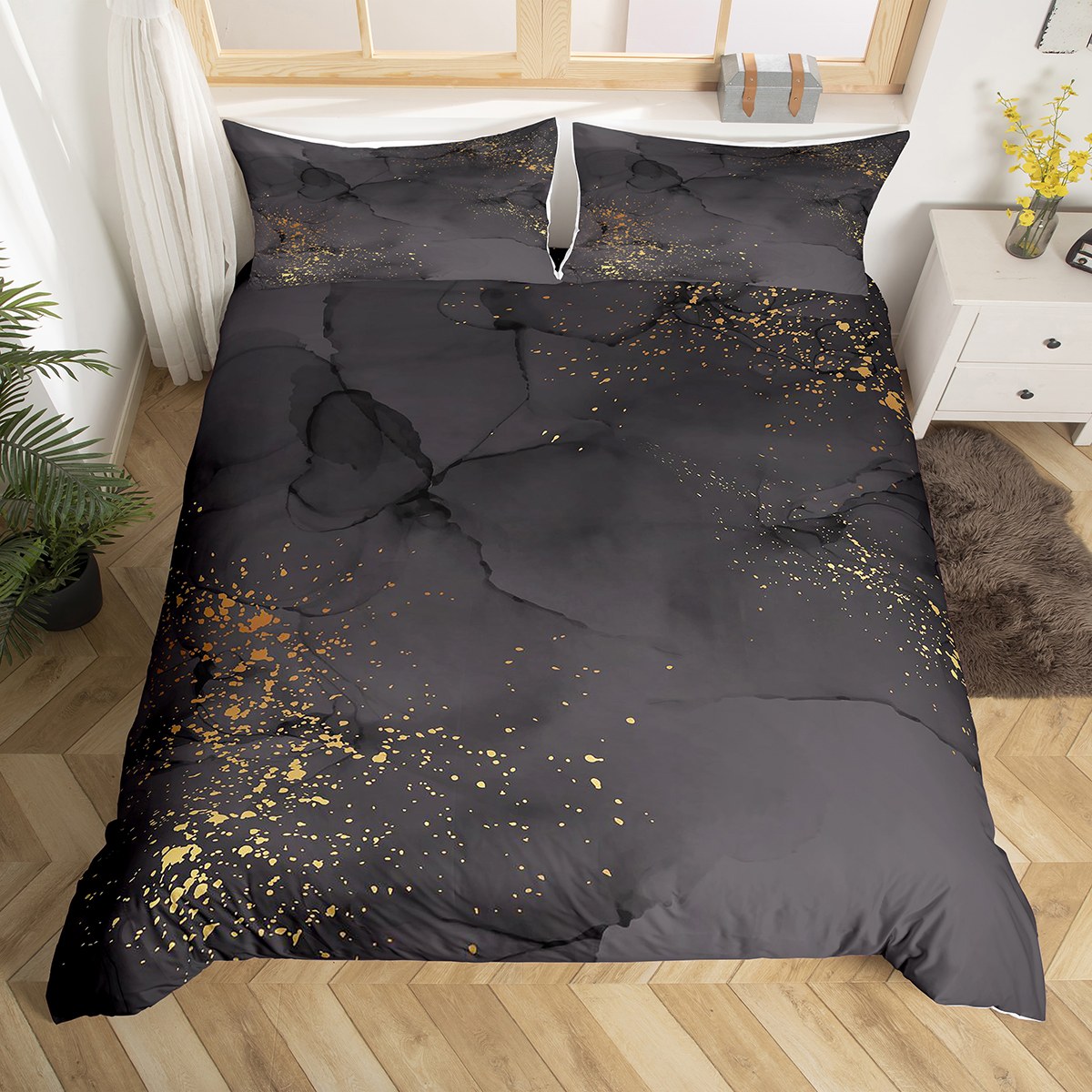 YST Black Marbling Duvet Cover Full Gold Metallic Sequin Bedding Set ...