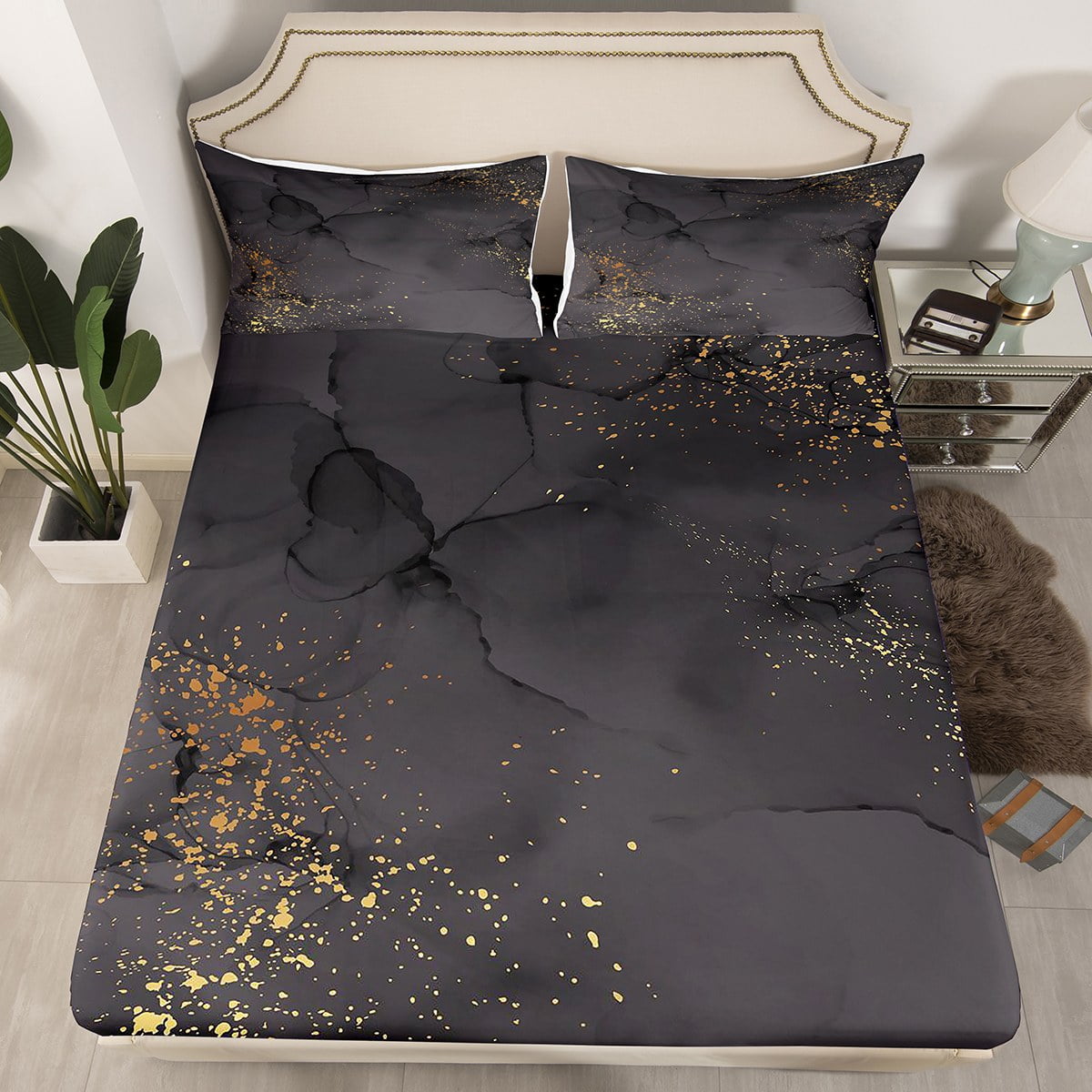 YST Black Marbling Queen Fitted Sheet Gold Metallic Sequin Sheets, Dark ...