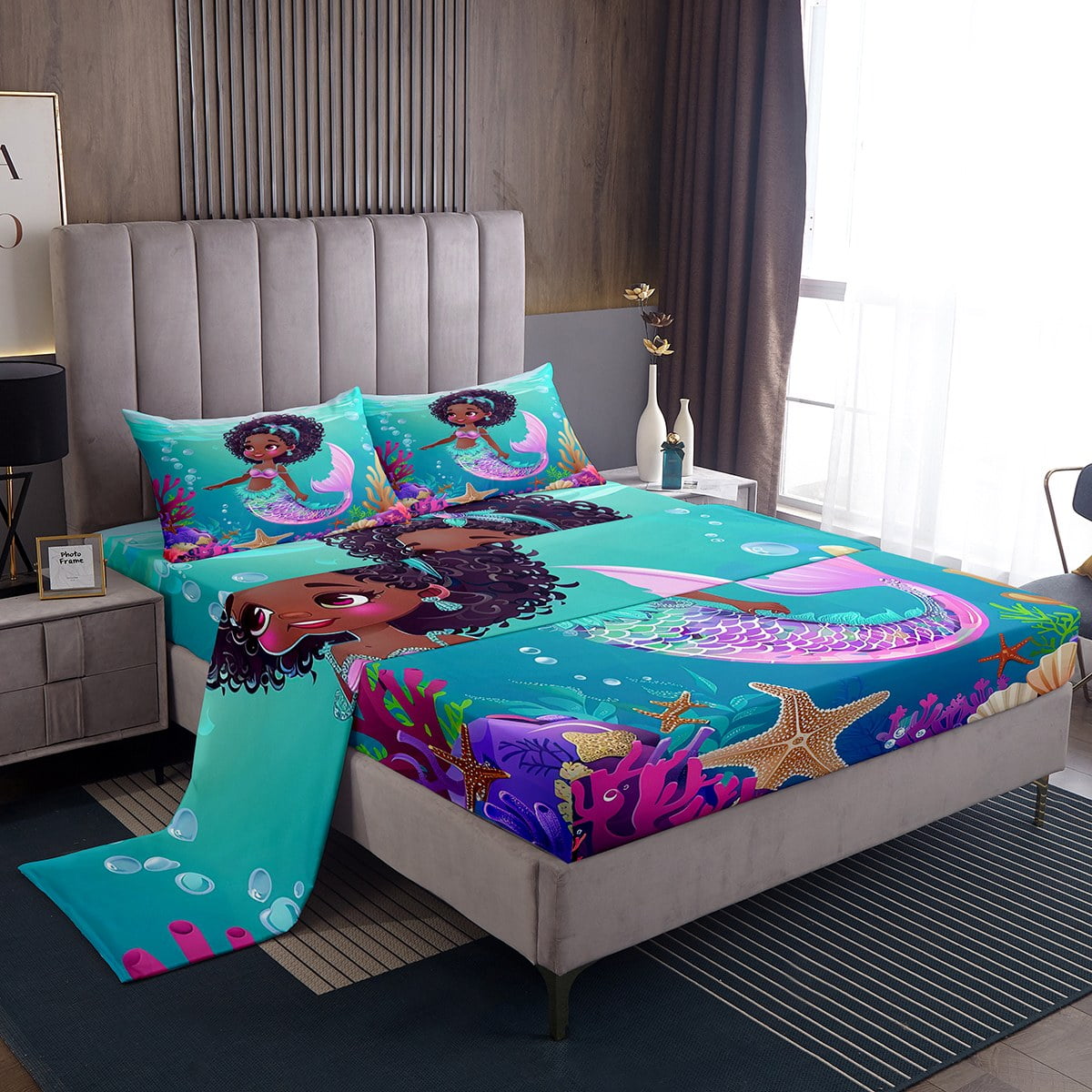 Black Mermaid Bed Sheets Queen Black Princess Sheets Cute Ocean Mermaid ...