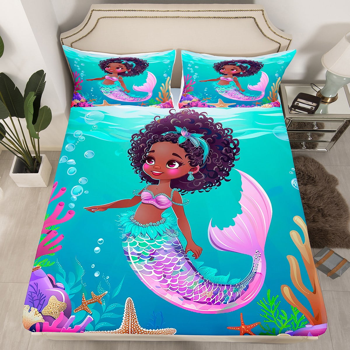 Black Mermaid Fitted Sheet Queen Black Princess Bedding Set Cute Ocean ...