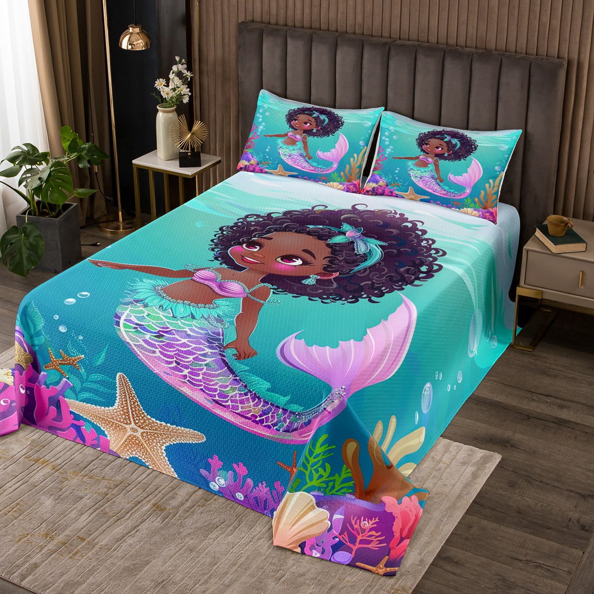 YST Black Mermaid Quilt Set Twin Black Princess Girl Bedding Set Cute ...
