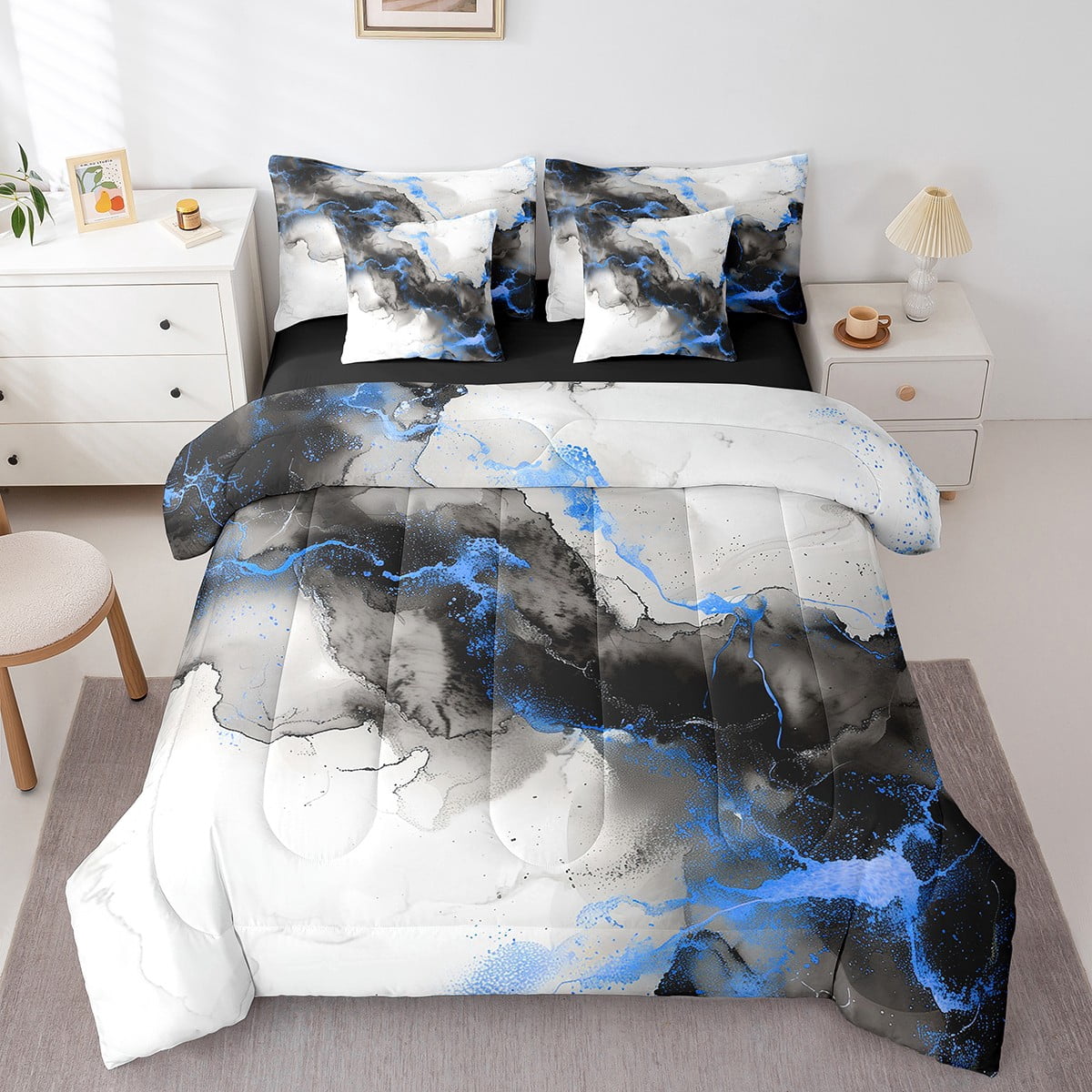 Black and Navy Blue Marbling Bed in a Bag 7pcs Aesthetic Marble Bedding ...