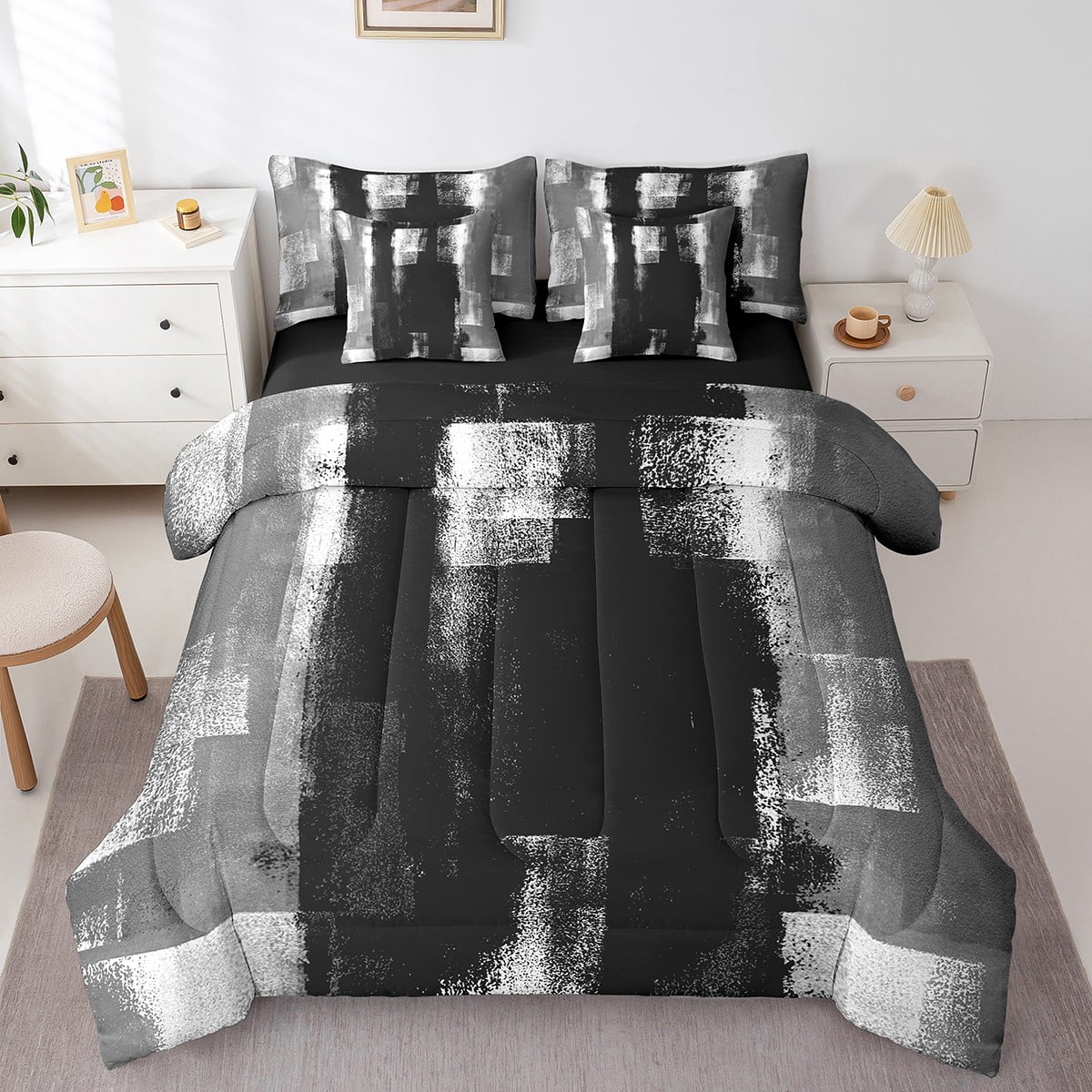 YST Black Ombre Bed In A Bag 7 Piece Retro Black White Grey Abstract ...