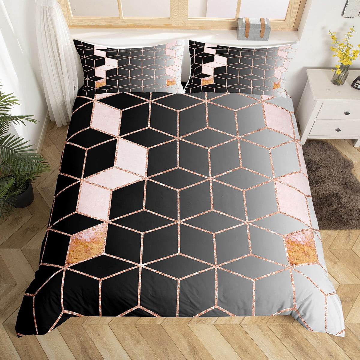 Black Ombre Bed Set Geometric Duvet Cover , Honeycomb Bedding Set Full ...