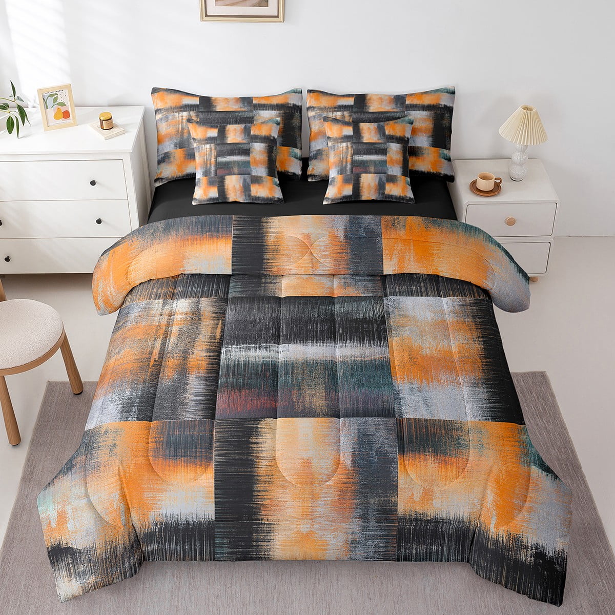 YST Black Orange Bedding Comforter Sets 7 Piece Bed In A Bag Queen Geometric Check Comforter Set ...