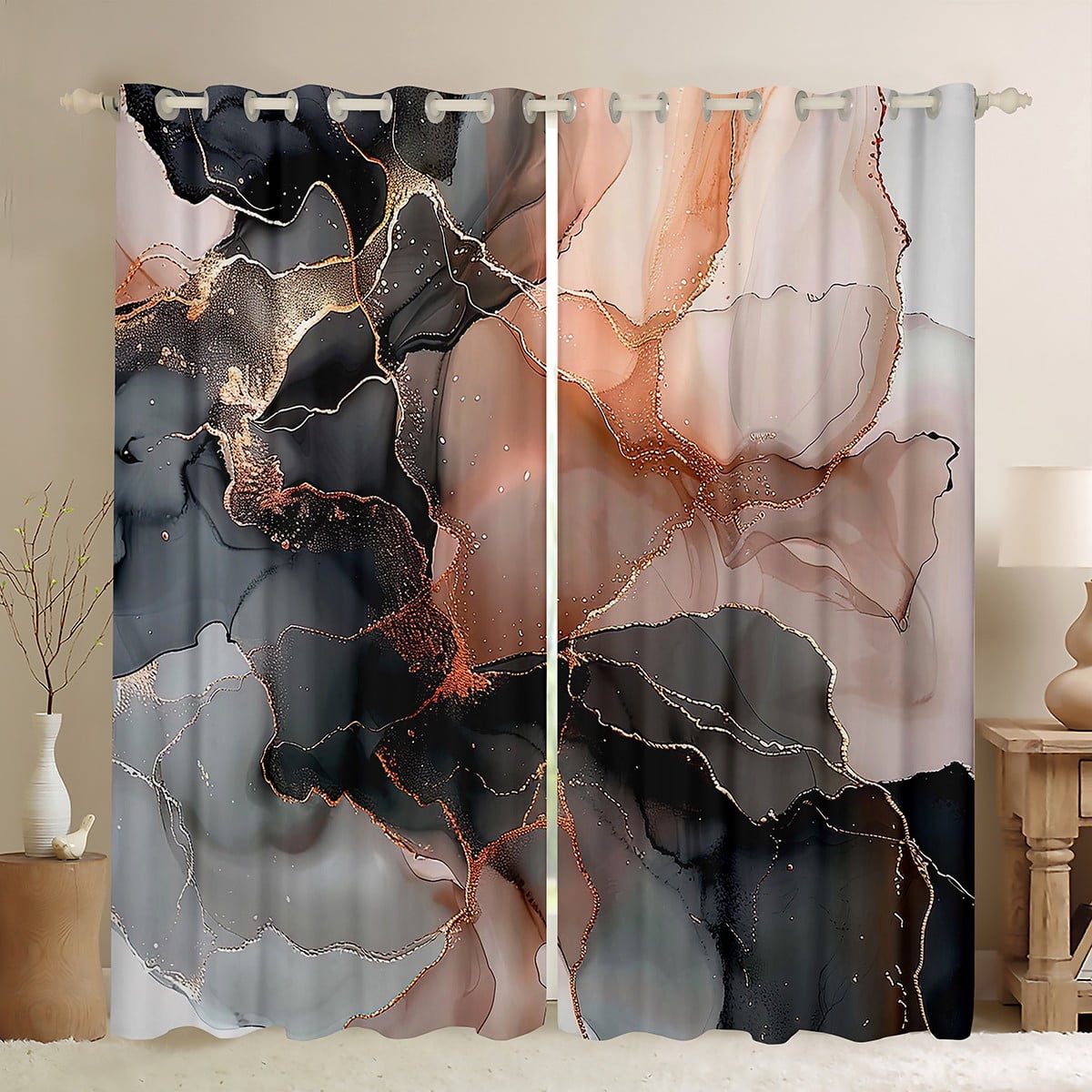 Black and Orange Curtains & Drapes Aesthetic Marble 30%-50% Blackout ...