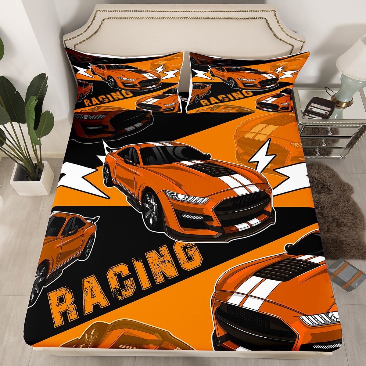 YST Black Orange Race Car Fitted Sheet Twin for Boys Sports Car Bed ...