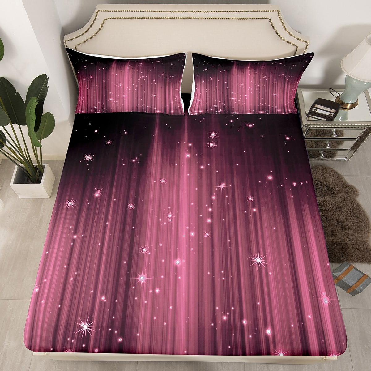 Erosebridal Black and Pink Fitted Sheet Full Ombre Glitter Bedding Set ...