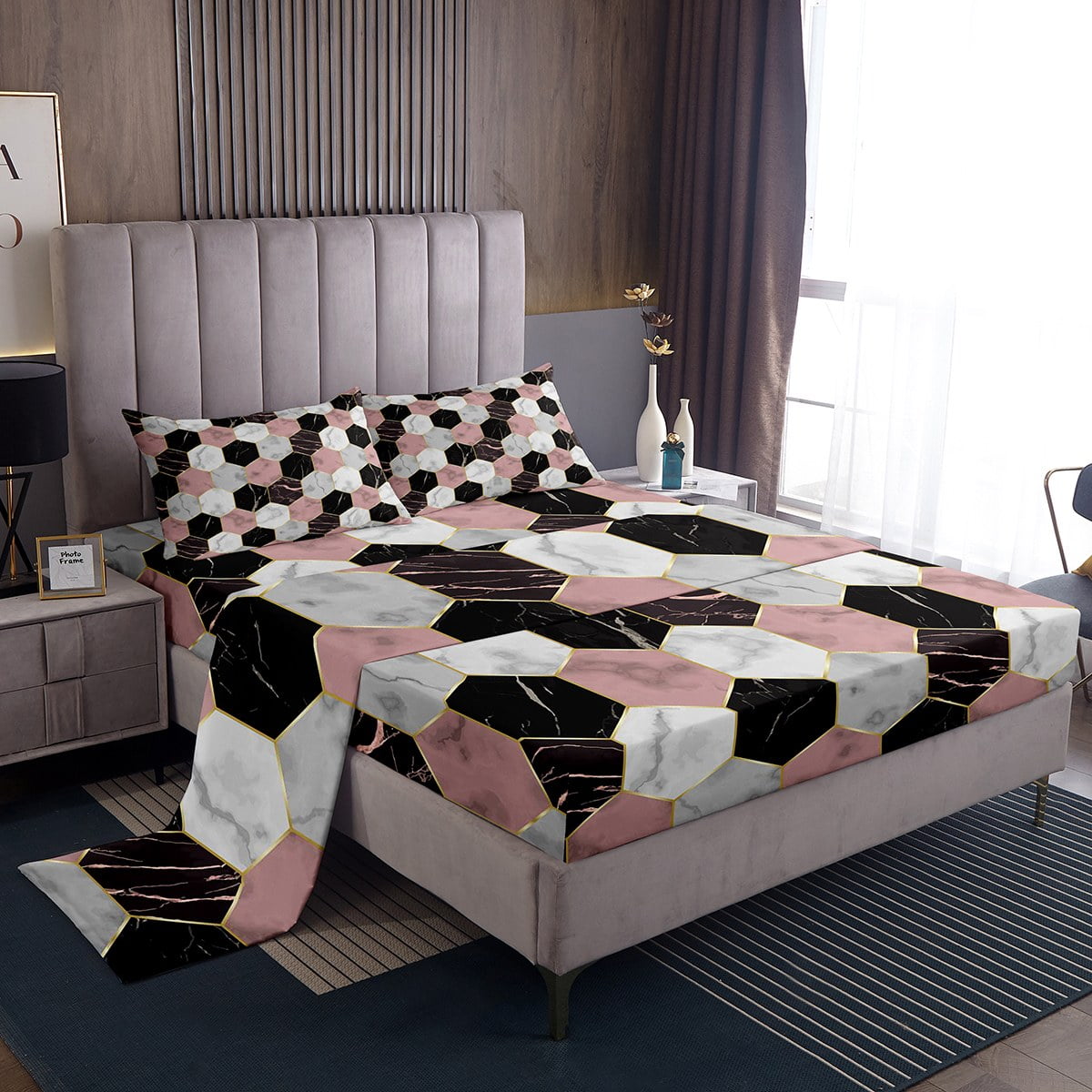 YST Black Pink Grey Bed Set Marbling Marble Bed Sheets Set, Geometry ...